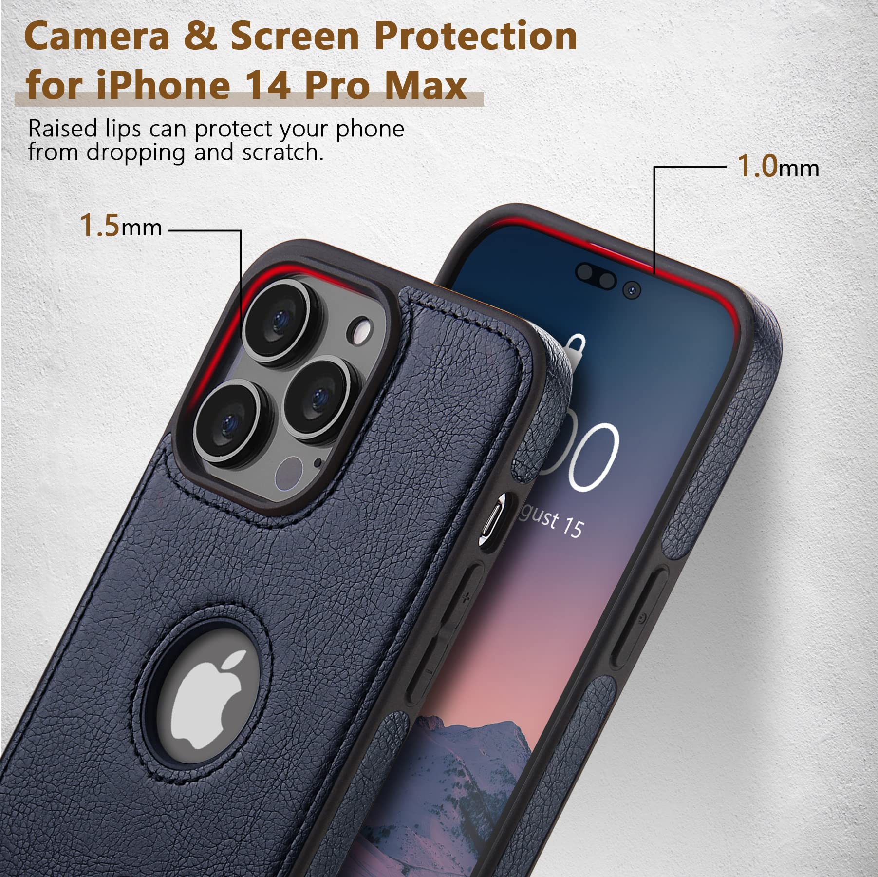 XYAJUANG Compatible with iPhone 14PRO MAX Case(6.7",Logo visible) Leather Fully Wrapped with Delicate Stitches Phone Case, (Blue)