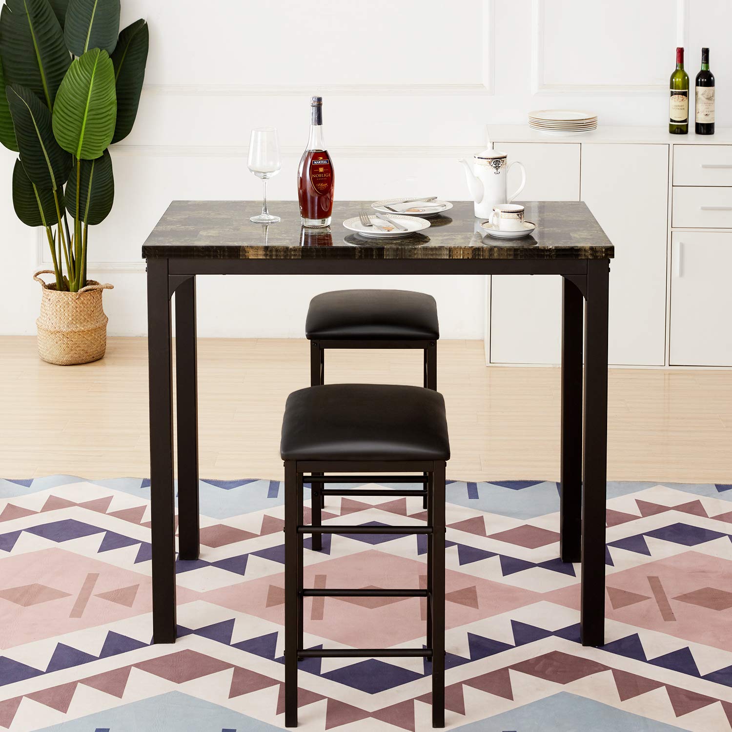 VECELO Bar Table 2 Stools, Rectangular Kitchen Counter with Chairs Height Pub Tabletop for Dining Living Party Room Bistro, 3-Piece Set, Black