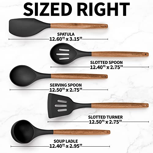 Zulay Kitchen Utensils Set Non-Stick Silicone Cooking Utensils Set with Authentic Acacia Wood Handles - 5 Piece Silicone Utensil Set - Silicone Kitchen Utensils Set with 464°F Heat Resistance - Black