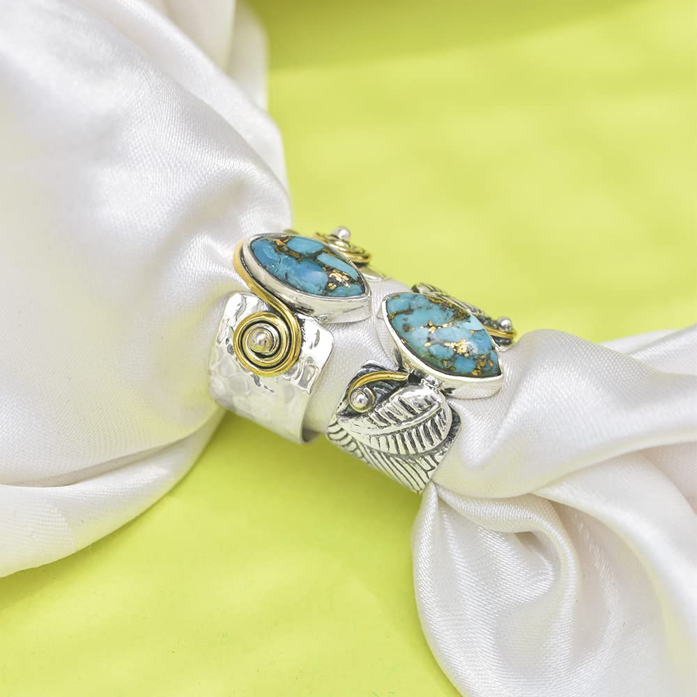 YoTreasure 7x13 Blue Turquoise Ring .925 Sterling Silver Spiral Brass Hammered Wide Band