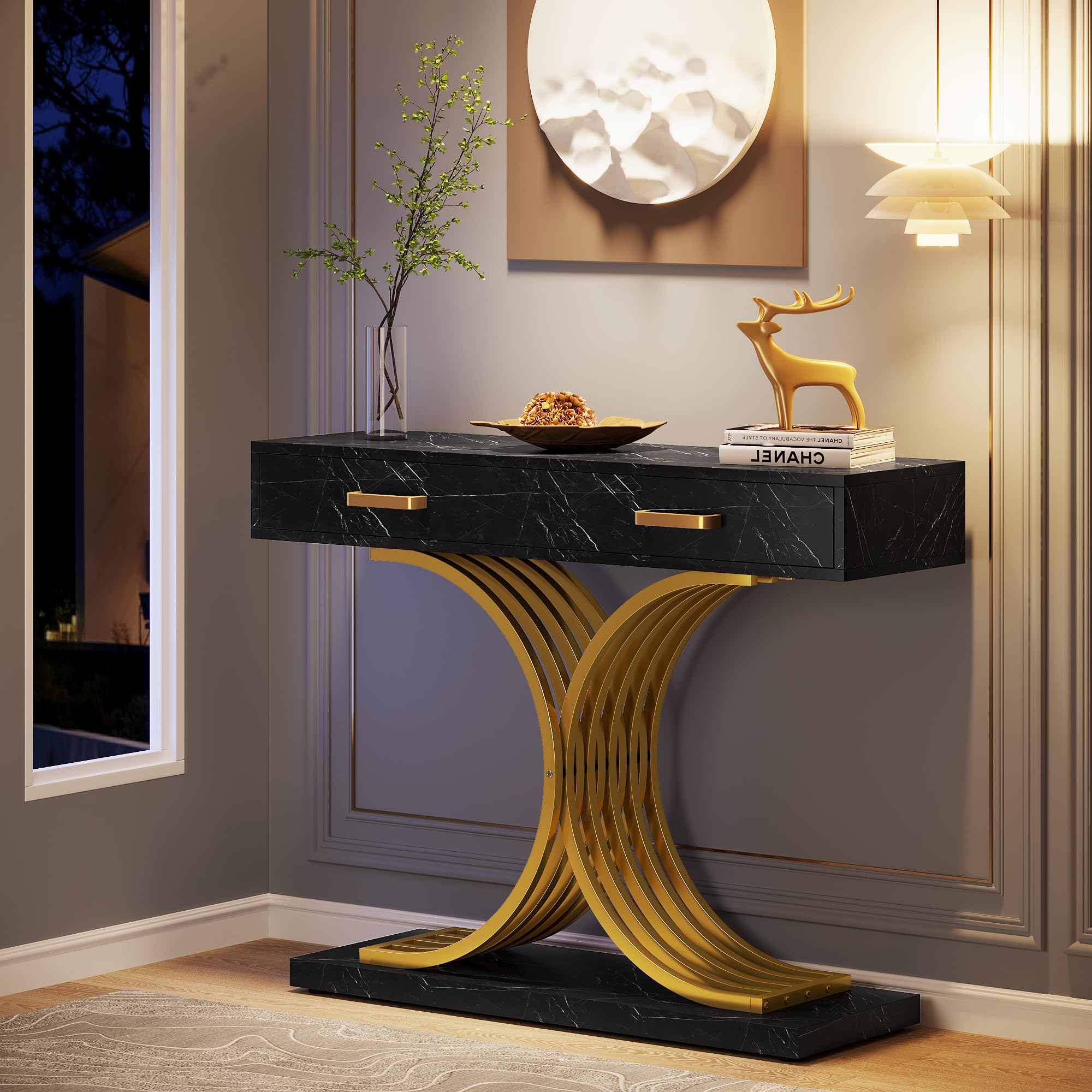 Vagaconl Black Gold Console Table with Drawers, Modern 39 Inches Small Entryway Table with Storage, Faux Marble Tabletop Hallway Table with Geometric Gold Legs