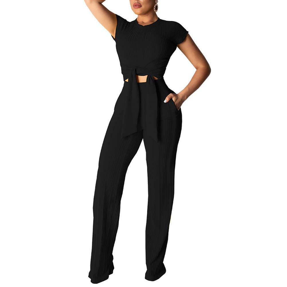 Women's 2 Piece Outfits Short Sleeve Crop Top High Waist Wide Leg Pants Set Sweater Jumpsuits Black S
