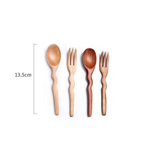 SEWALL 4 Pcs,Wooden Fork Spoon Wavy Shape Dessert Fork Spoon Portable Travel Spoon Reusable Food Fork Spoon Kitchen Accessories