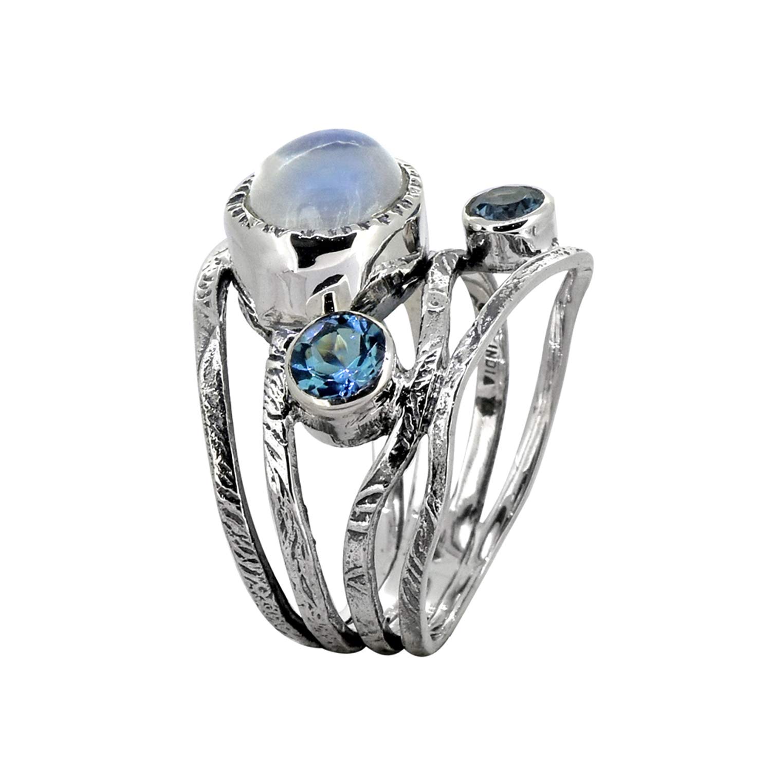 YoTreasure 8x10 MM Moonstone & London Blue Topaz Solid 925 Sterling Silver Bypass Ring