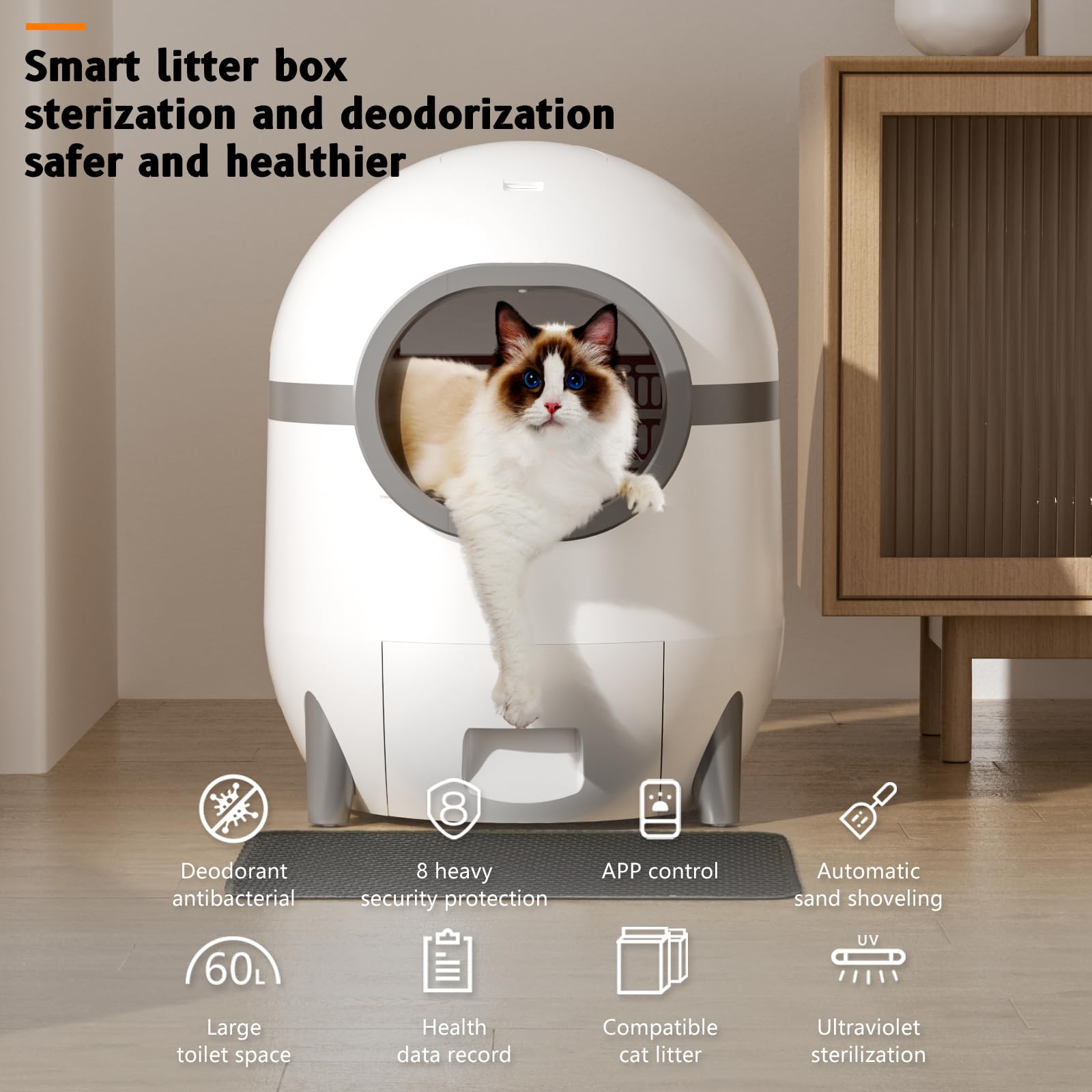 Self Cleaning Cat Litter Box 60L Large Capacity Automatic Cat Litter Box with Smart Safety System, Health Monitoring for Multiple Cats