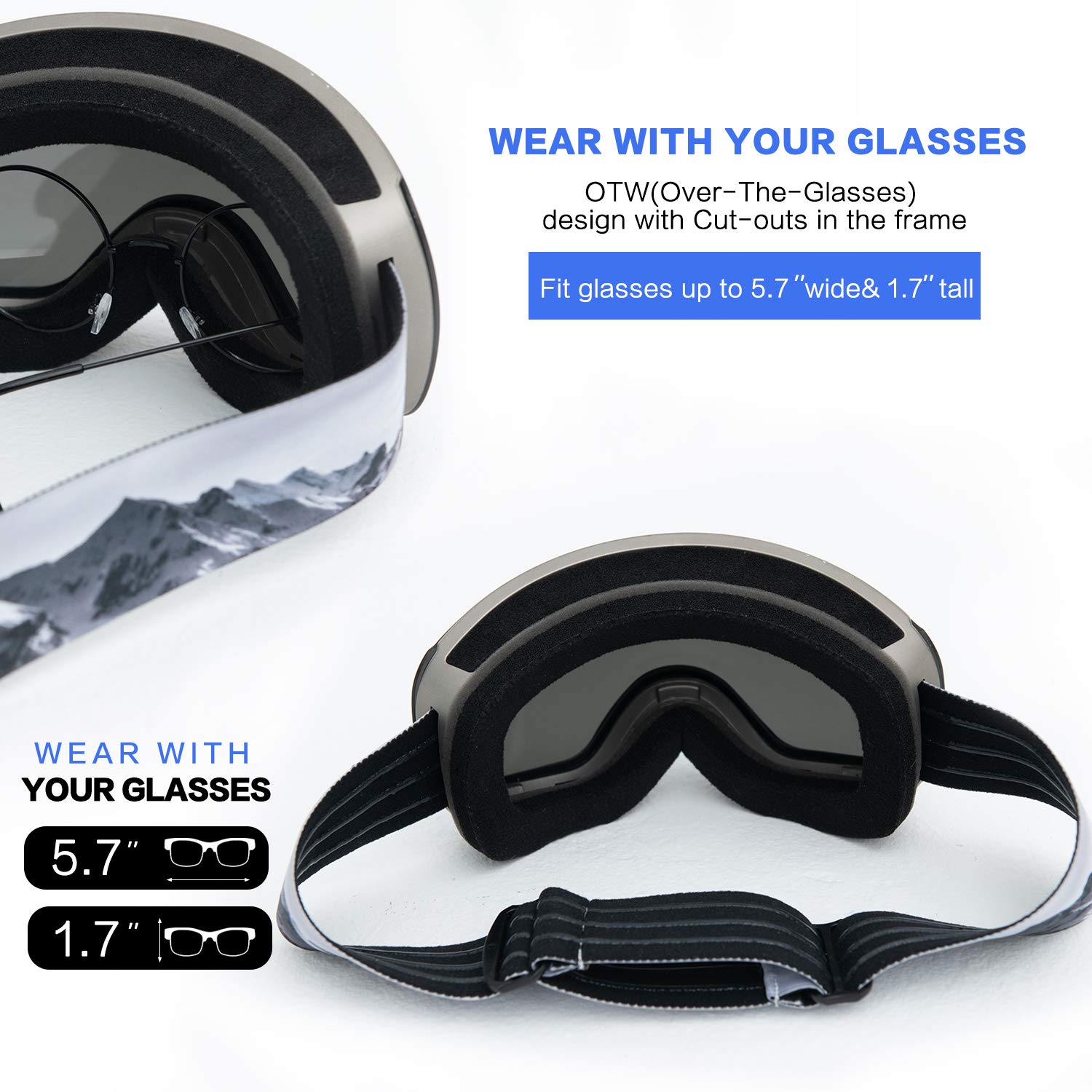 YLXS Ski Goggles Snowboard Frameless OTG Snow Goggles Spherical Interchangeable Magnetic Lenses Anti-Fog UV400 Men Women