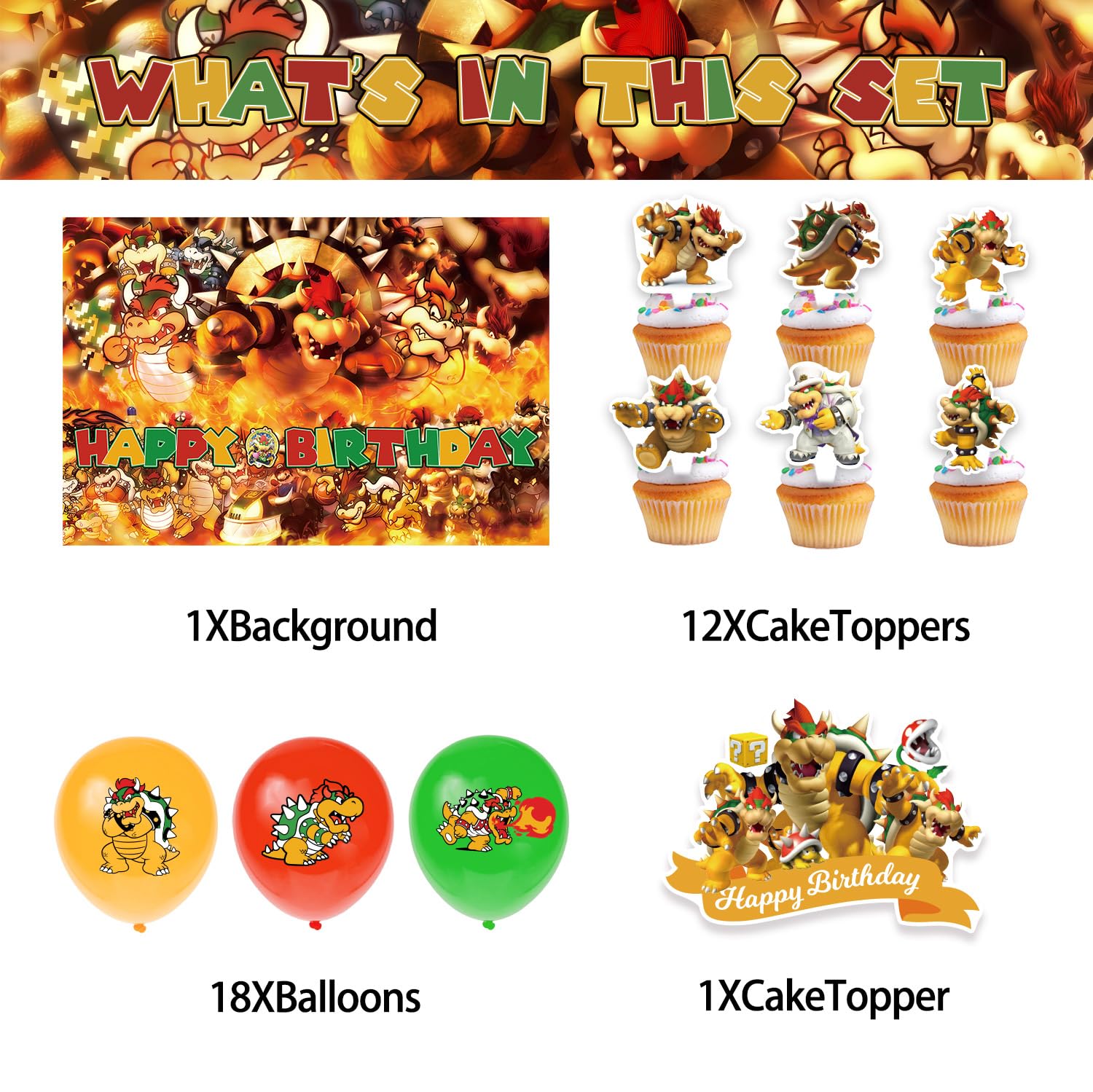 SELPONT day Party Supplies, Mario Bowser Birthday Party Decorations, Include Balloons,Cake Toppers,Cupcake Toppers,5x3Ft Backdrop,Bowser Party FavorsQ