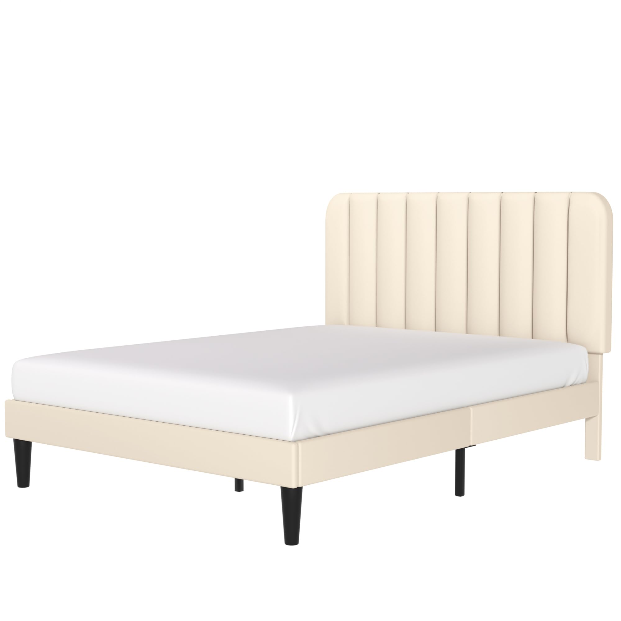 VECELO Queen Size Upholstered Bed Frame with Adjustable Headboard, Velvet Platform Bedframe Mattress Foundation, Strong Wood Slat Support, No Box Spring Needed, Beige