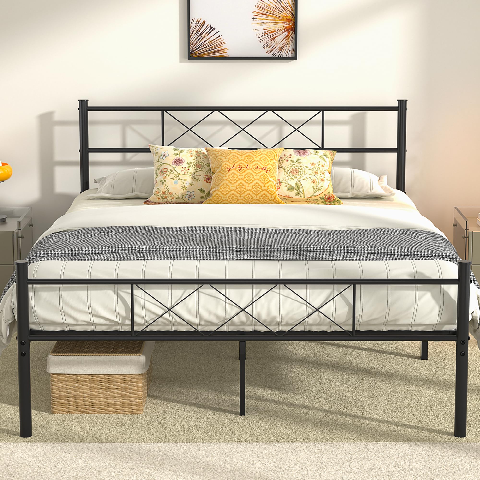 VECELO Queen Size Bed Frame with Headboard, Heavy-Duty Platform/Mattress Foundation with Metal Slats Support, No Box Spring Needed/Easy Assembly, Matte Black