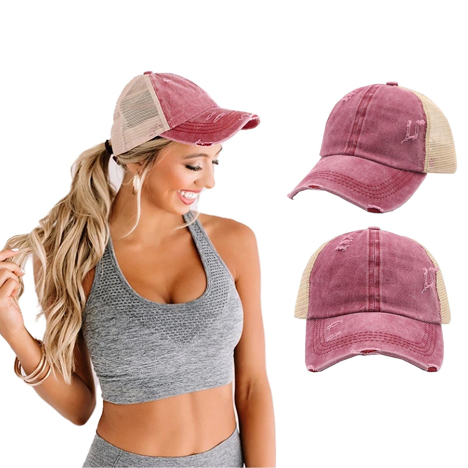 Womens Washed Distressed Cotton Baseball Caps High Messy Bun Ponytail Unconstructed Dad Hats Girls Sun Hat (10-Criss Wine)