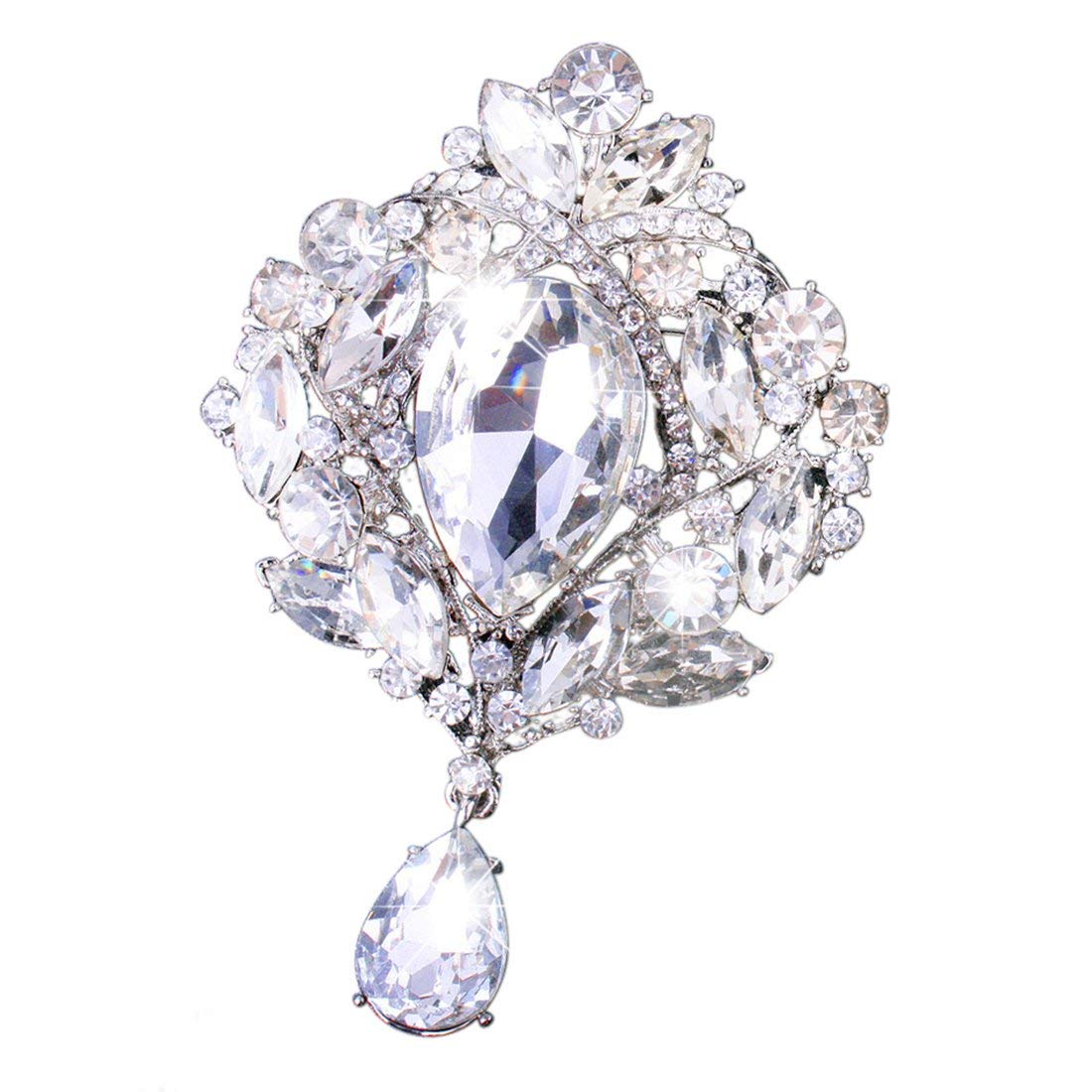 Yilanair Wedding Bridal Big Crystal Rhinestone Bouquet Brooch Pin for Women (Silver)