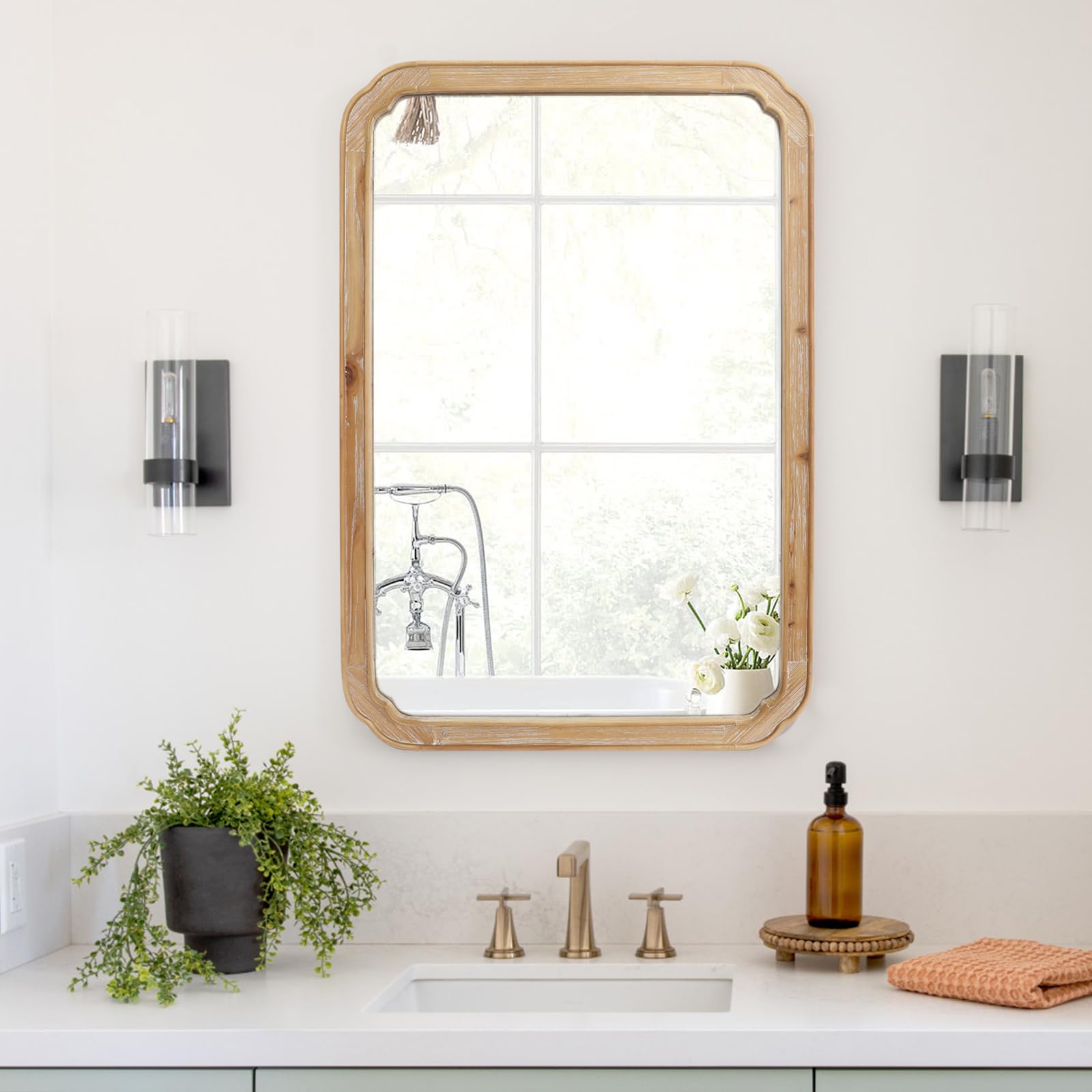 Wood Farmhouse Mirror, 24" x 36" Wall Mounted Ractangle Rustic Mirror for Foyer, Living Room, Bedroom, Bathroom
