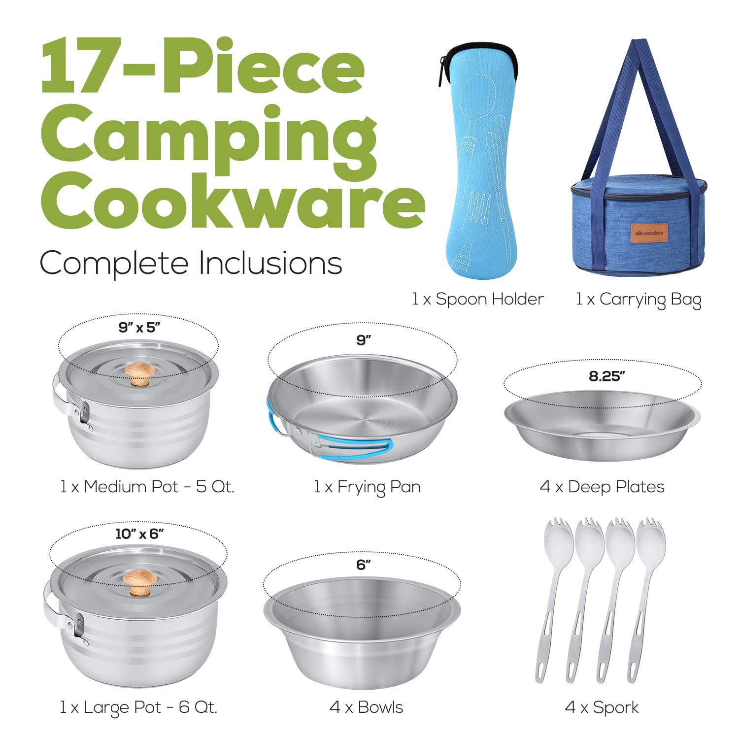 WEALERS Camping Cookware & Dinnerware Set- 17 Pieces Stainless Steel Pots and Pans Set with Plates, Bowls & Sporks in Travel Mesh Bag for Camping, Trekking, Backyard Picnic & Backpacking Gear