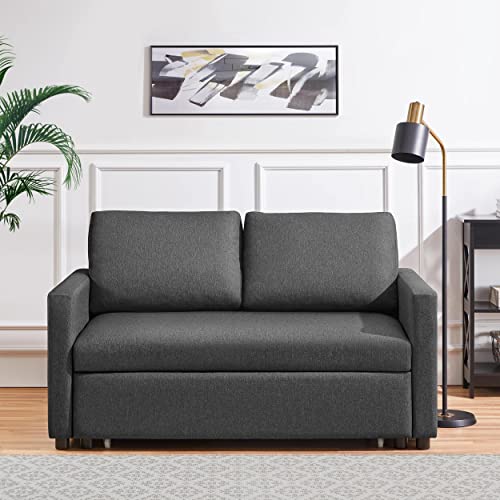 Yaheetech Convertible Sofa Bed Trundle Loveseat w/Pull-Out Trundle Bed Sleeper Sofa Convertible Couch for Limited Spaces Living Room Bedroom Guest Room Dark Gray 55.5 in