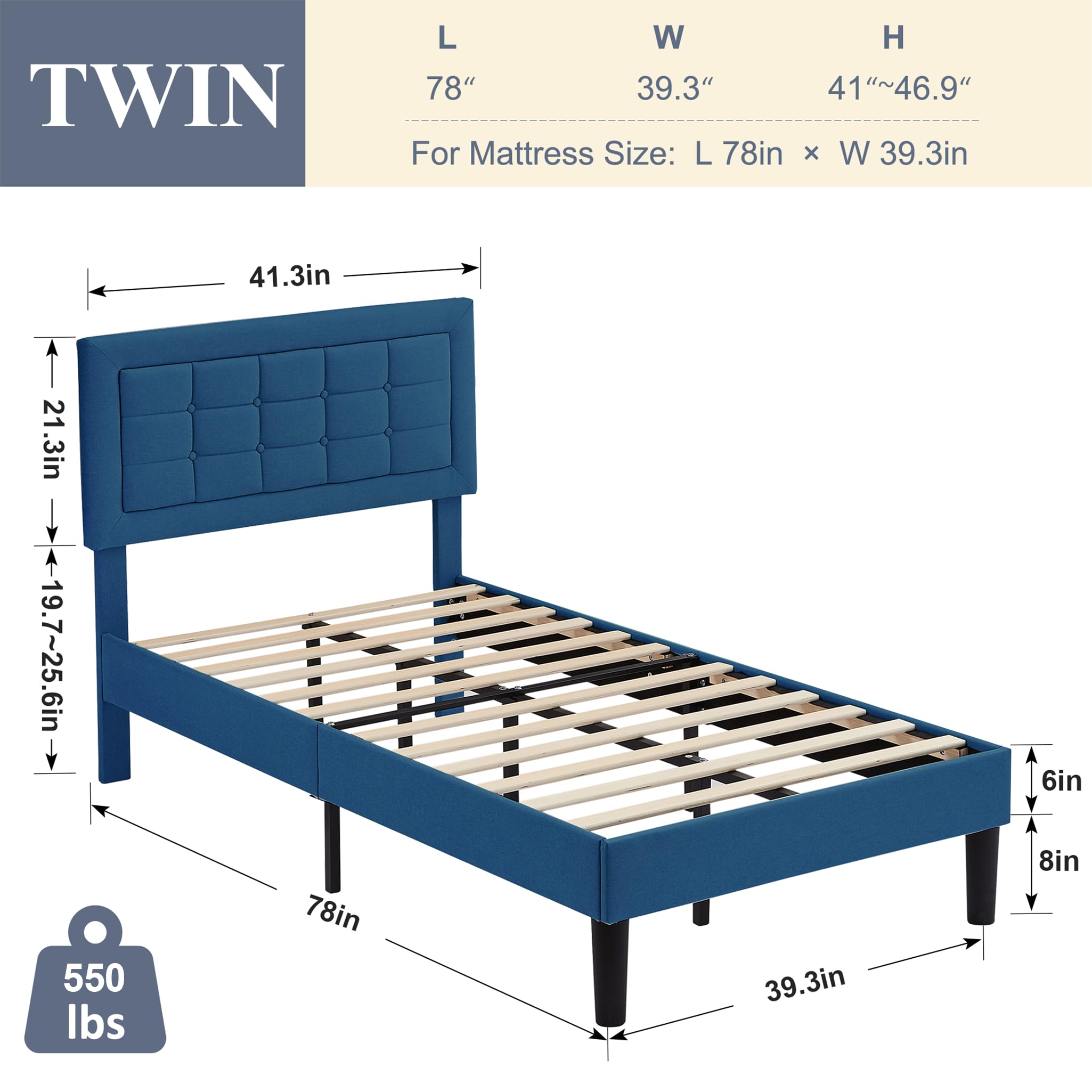 VECELO Twin Size Bed Frame with Adjustable Headboard, Upholstered Button Tufted Platform Bedframe with Wood Slats Support, No Box Spring Needed, Linen White