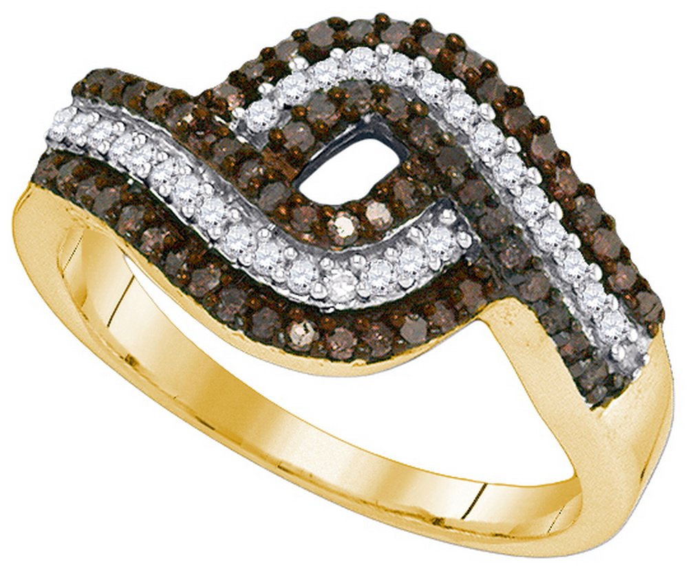 Size - 5.5 - Solid 10k Yellow Gold Round Chocolate Brown And White Diamond Channel Set Curved Halo Wedding Band OR Fashion Ring (1/2 cttw)