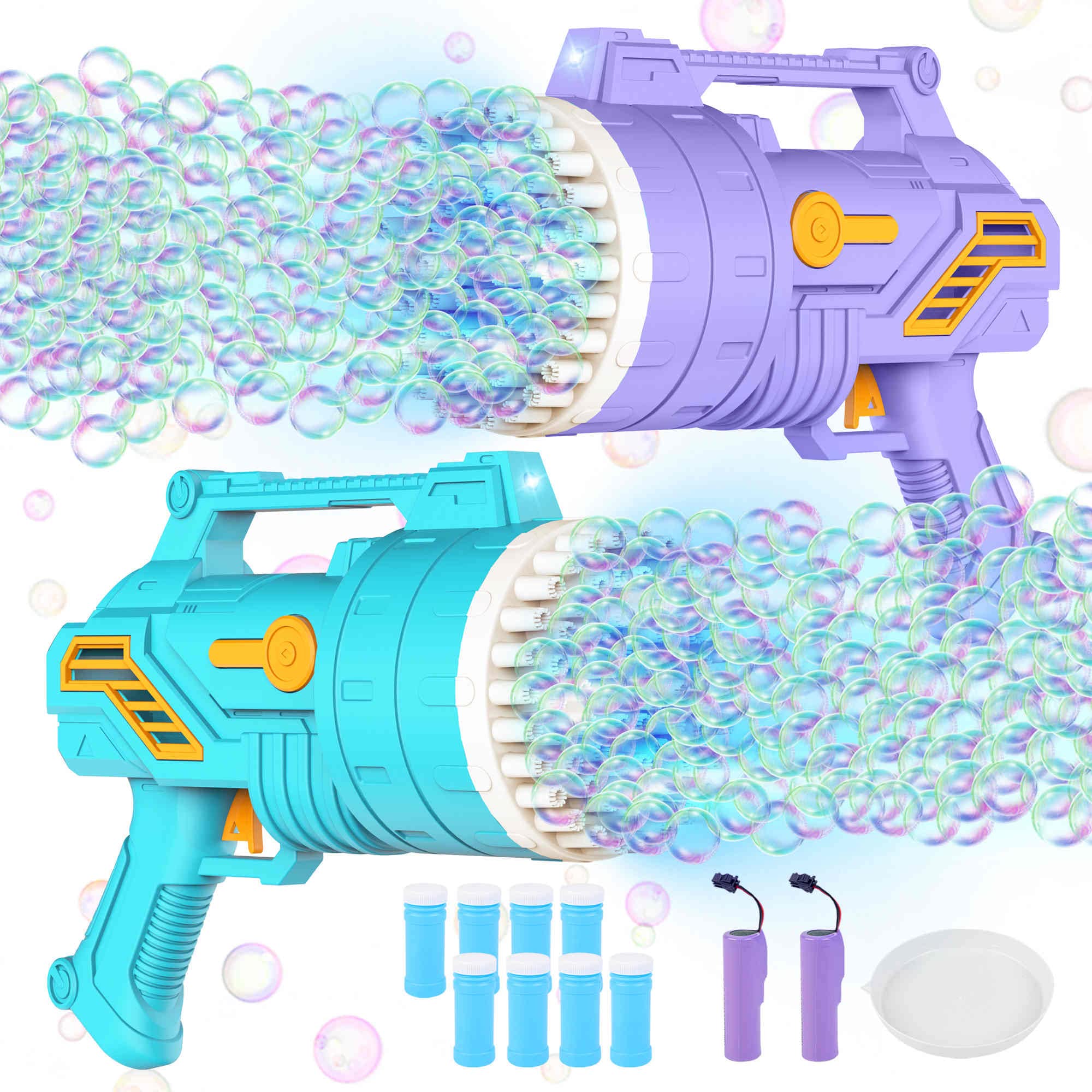 Winsenpro Bubble Gun,2-Pack 69 Holes Bubble Machine Gun with Light and 8 Bottles Bubbles Solution,Bubble Blower for Toddlers Summer Outdoor Toys Games Party Favors Gifts (LightBlue+Purple)