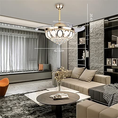 TBVECHI 42" Crystal Ceiling Fan Light with Remote Control Retractable Blade LED Chandelier 3 Colors Dimmable Pendant Lamp for Living Room Bedroom Basement Kitchen