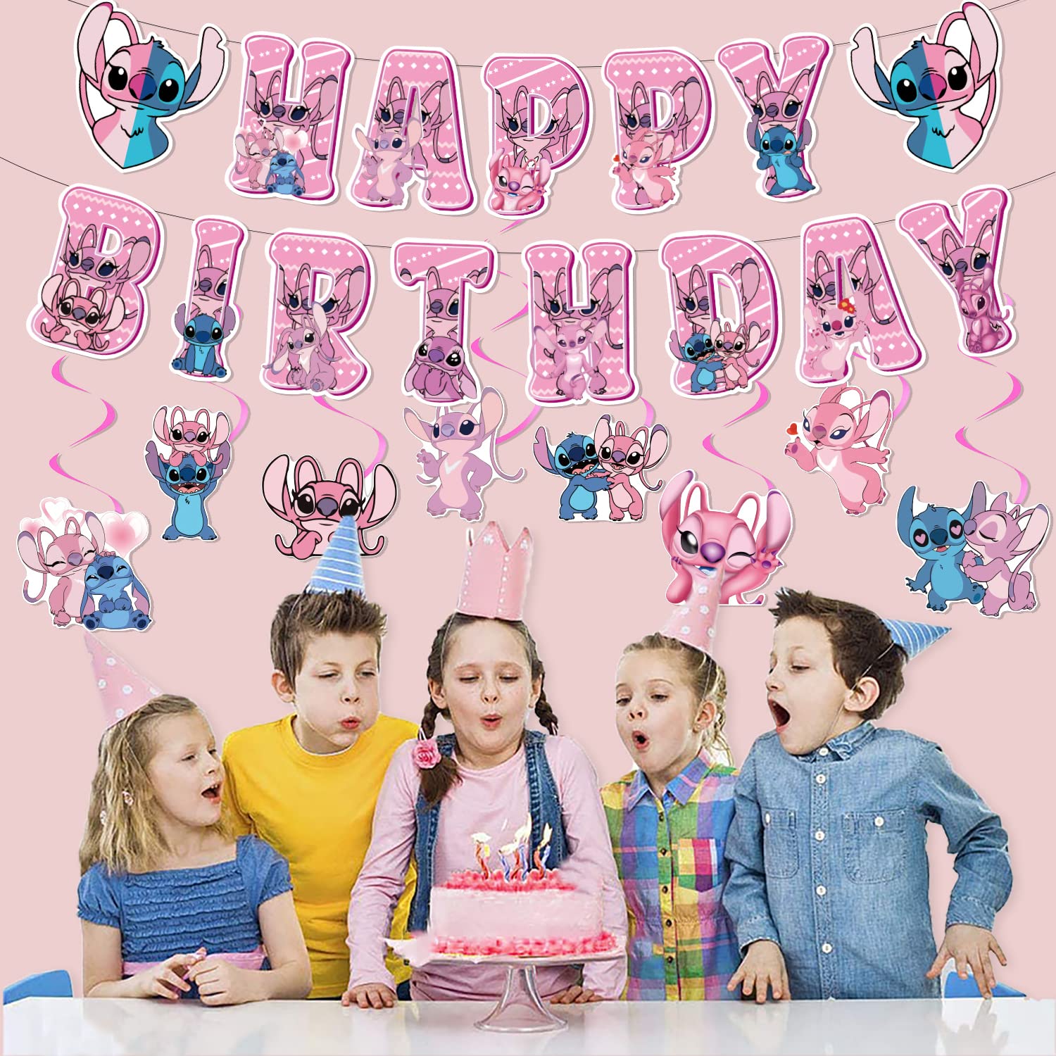 Stitch Birthday Decorations Stitch Pink Happy Birthday Banner Hanging Swirls for Birthday Party Supplies