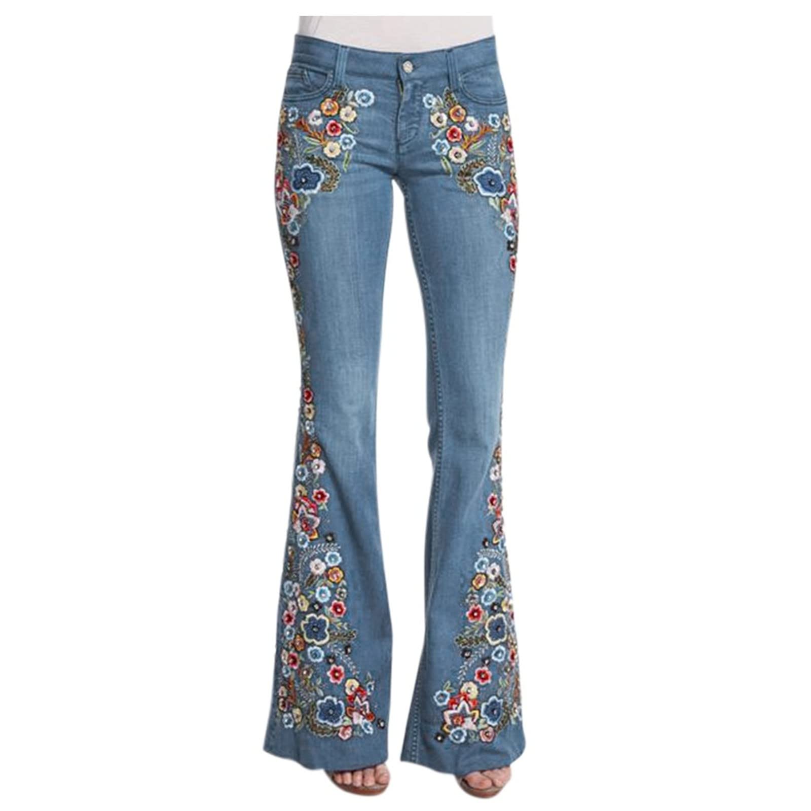 Women's Embroidery Destoryed Flare Jeans Button Waist Bell Bottom Summer Casual Trouser Comfortable Denim Pants(Light Blue,XX-Large)