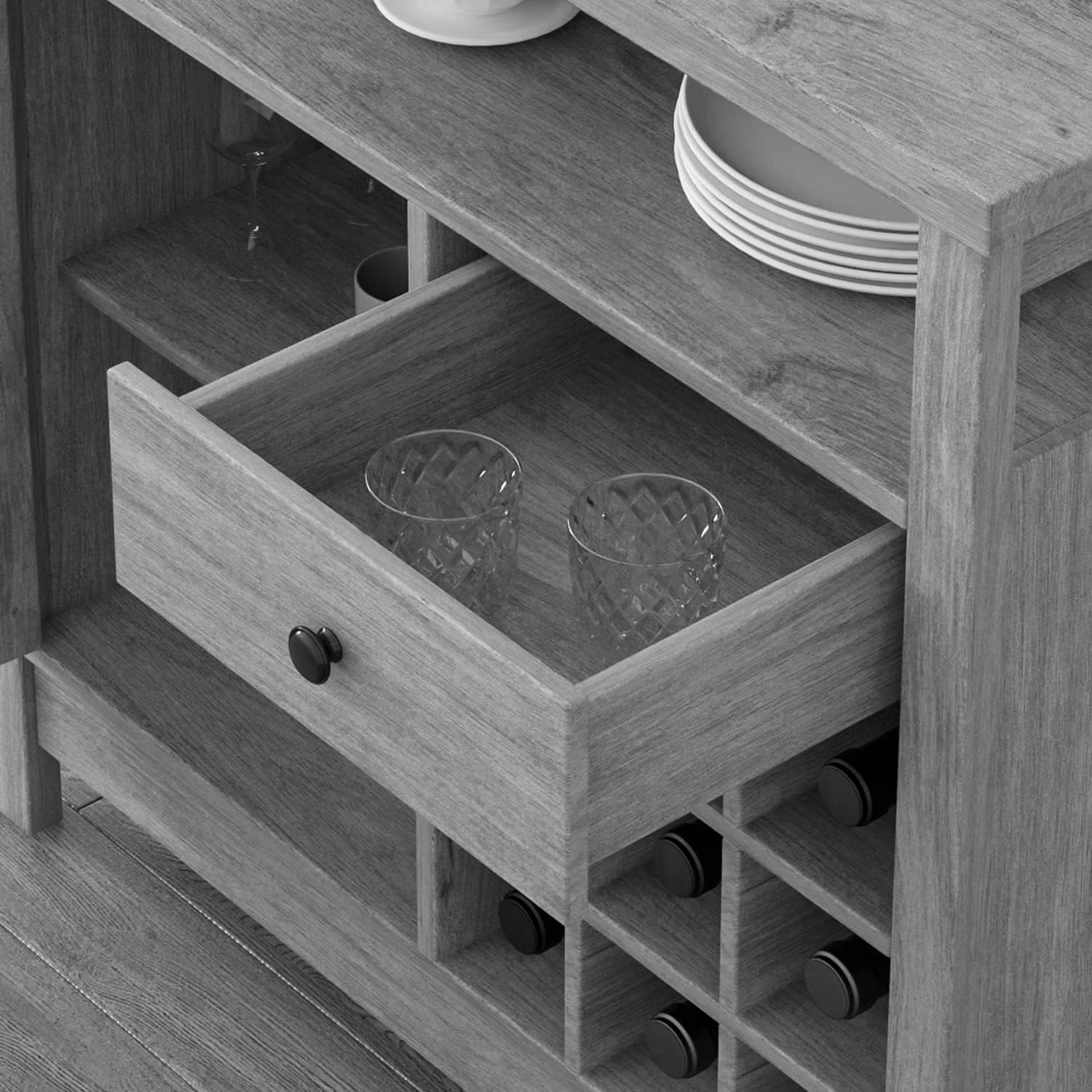 White Coffee Bar Cabinet, Farmhouse Coffee Station Cabinet with Storage, Small Coffee Bar Stand with 9 Wine Racks, Wine Bar Cabinet with Shelf for Kitchen Dining Room