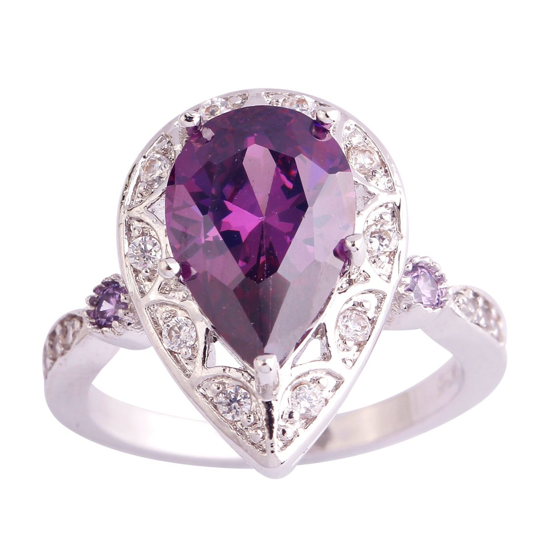 Veunora 925 Sterling Silver Created Pear Cut Amethyst Filled Gorgeous Promise Ring for Women Size 8