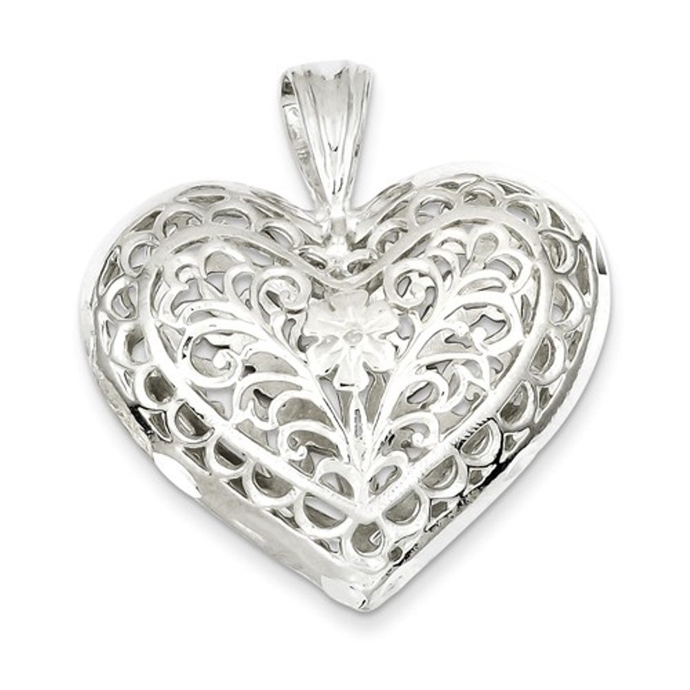 Sterling Silver Puffy Filigree Heart 3D Large Pendant Charm