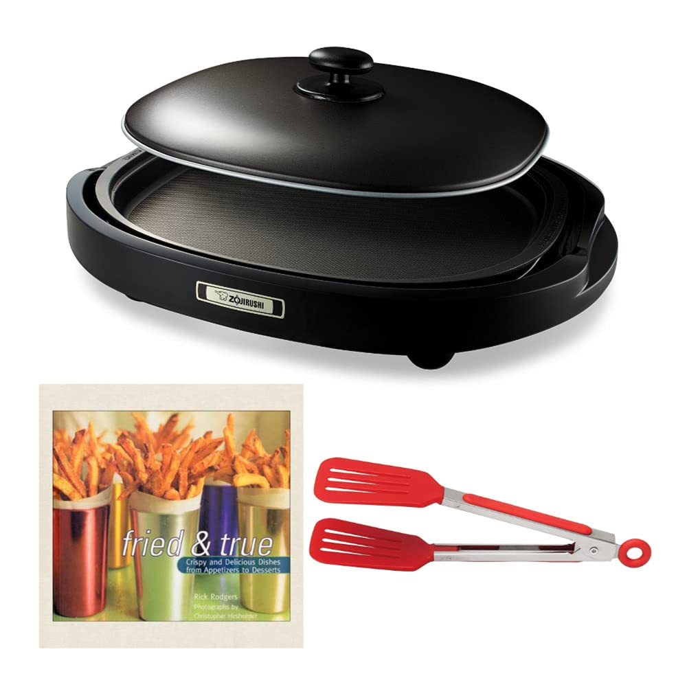 Zojirushi Gourmet Sizzler EA-BDC10 Electric Griddle (Dark Brown) with 8-Inch Nylon Flipper Tongs and Cookbook Bundle (3 Items)