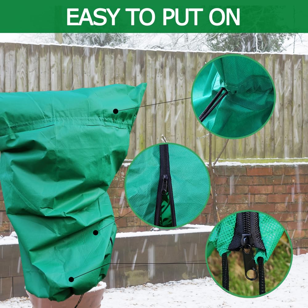 Vinksun Plant Covers Freeze Protection 75"×90" Frost Cloth Blankets for Outdoor Large Plants, Winter Tree Covers Plant Protector with Zipper and Drawstrings 2.2oz Thickened Pot Cover,1 Pack Green