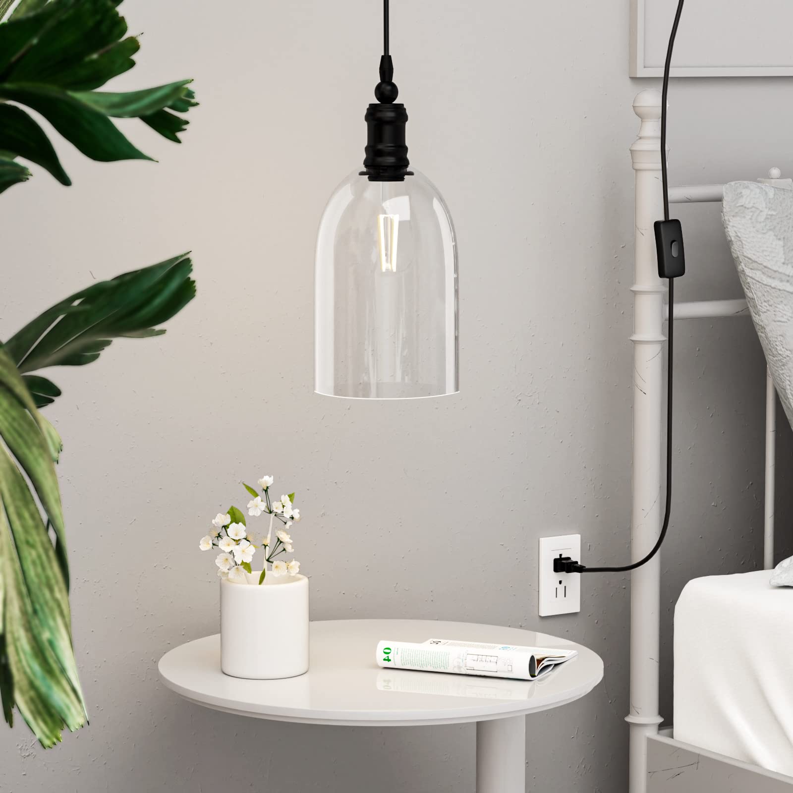 WINSOON Plug in Pendant Light, 15FT Cord On/Off Switch Hanging Light Modern Ceiling Lamp, Oval Clear Glass Shade for Kitchen Island Bedroom Living Dining Room