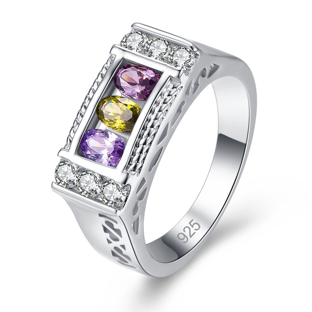 Veunora Silver Plated Created Peridot Amethyst 3x5mm 3-Stone Cubic Zirconia Filled Promise Ring Band for Women Size 8