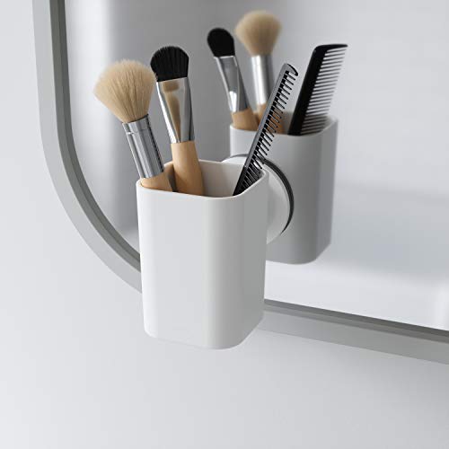 Umbra Flex Sure-Lock Toothbrush Holder, Bathroom Storage Tumbler, Cup for Toothpaste, Combs and Makeup Brushes - Attaches to Glass Panes, Mirrors and Tiles with SureLock Technology, No Drilling, White