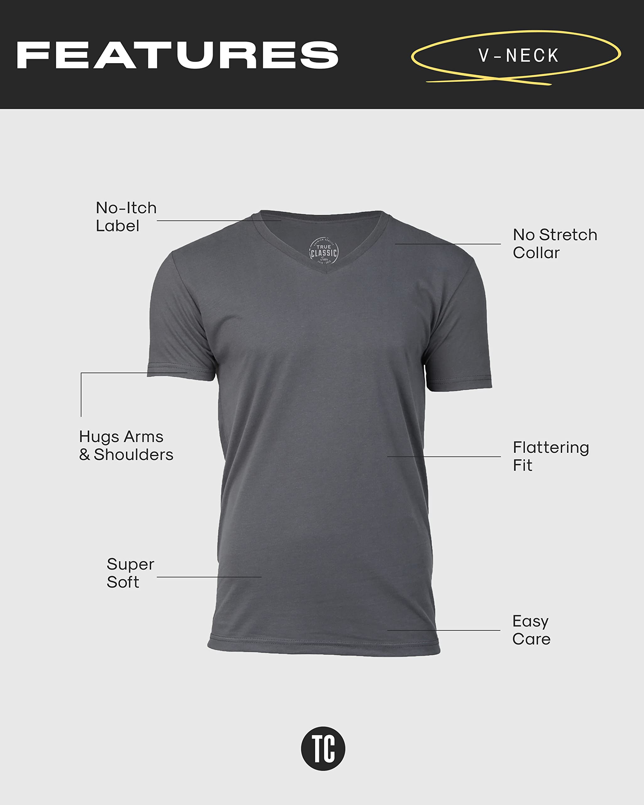 True Classic Tees | Premium Fitted Men's T-Shirt | V Neck | Carbon Tee Single | Large