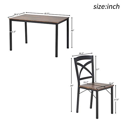 Voohek 5-Piece Kitchen Table and Chairs Set, with Wood Grain Veneer Rectangular Tabletop, Metal Frame, Plastic Foot Pads, for 4 People, Small Spaces, Dinette, Dining Room, Industrial Style, Brown