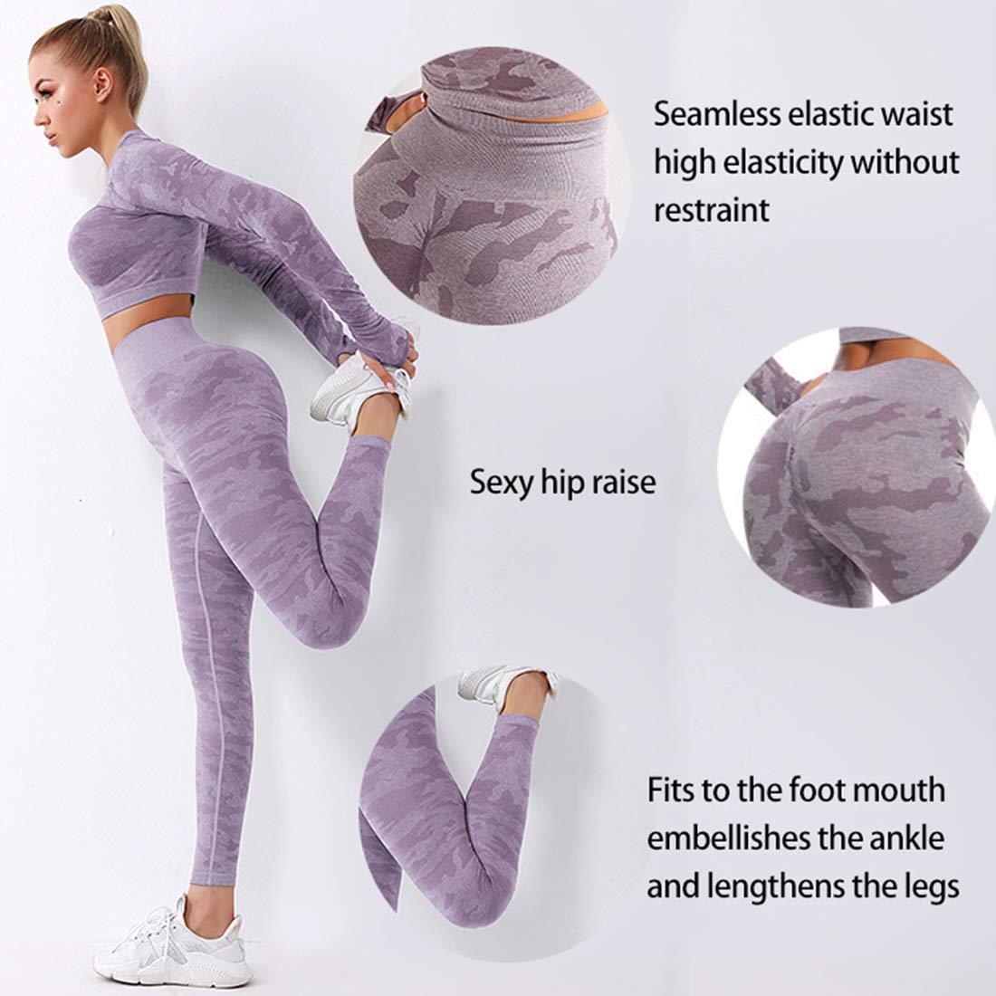 Yoga Workout Set High Waist Athletic Seamless Leggings Long Sleeve 2 Pieces Set (Camouflage Blue, S)