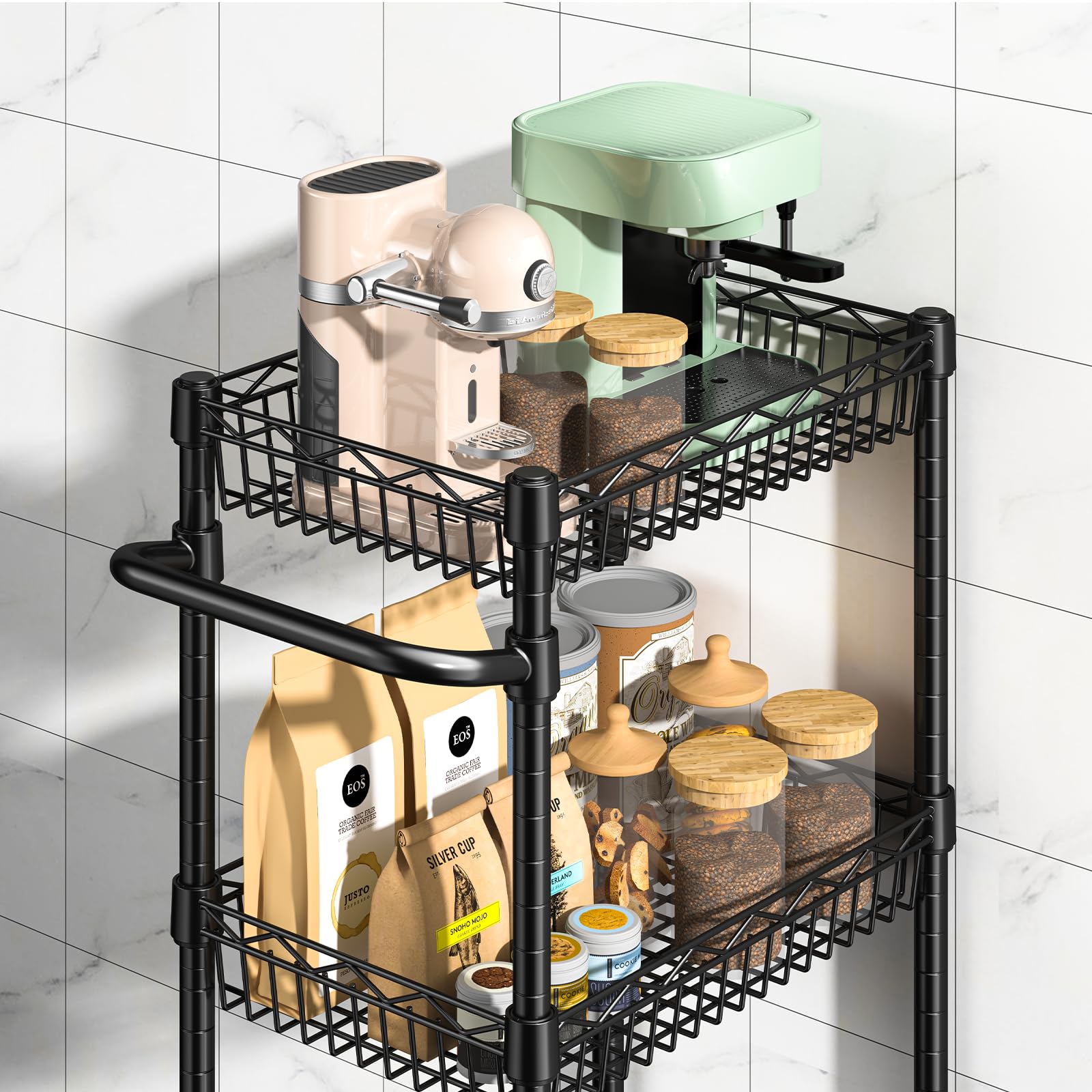 YASONIC 4-Tier Rolling Cart, Rolling Cart with Wheels, Rolling Cart Organizer with Handle, Metal Rolling Cart, Multifunctional Rolling Storage Cart, Kitchen Storage Cart, Black
