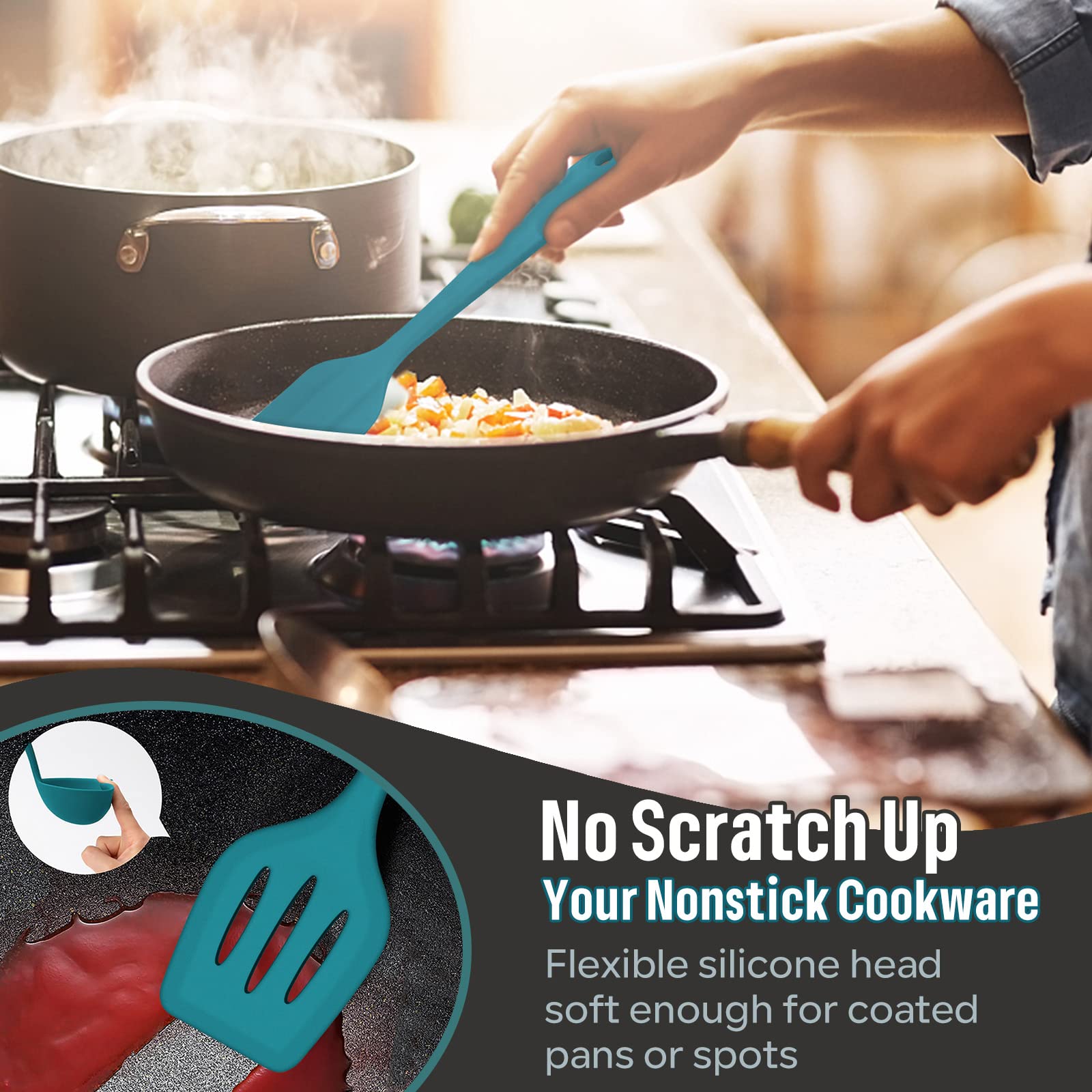 Silicone Kitchen Utensils Set, E-far 23 Pcs Blue Cooking Utensils Tools with Holder for Nonstick Cookware, Include Spatula/Spoon/Ladle/Tongs/Turner, Heat Resistant & Nontoxic, Dishwasher Safe