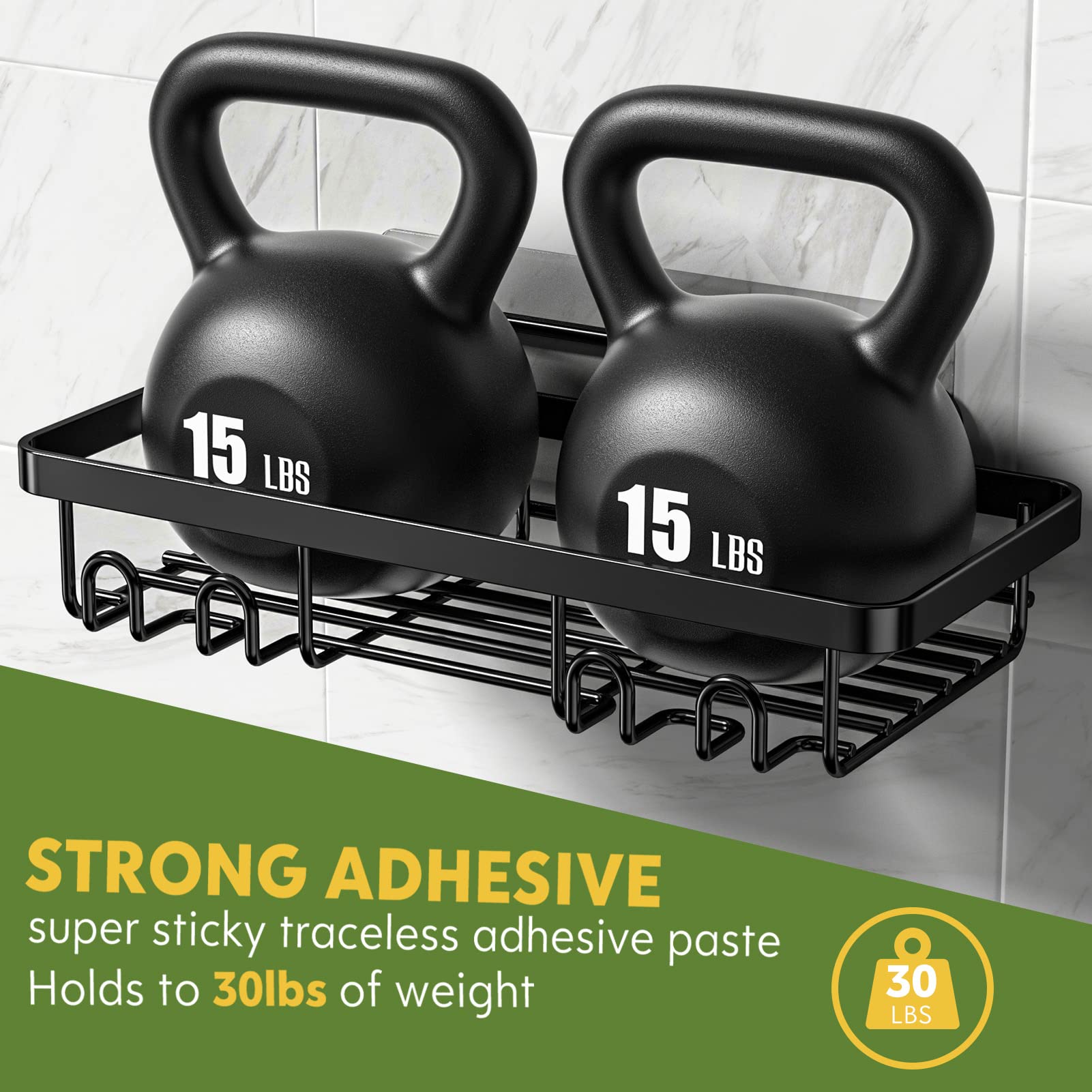Winproper Shower Caddy 5 Pack,Adhesive Shower Organizer Bathroom with 16 Hooks, Shower Shelves with 2 Soap Holder, No Drilling Stainless Steel Shower Shelf for Inside Shower-Black