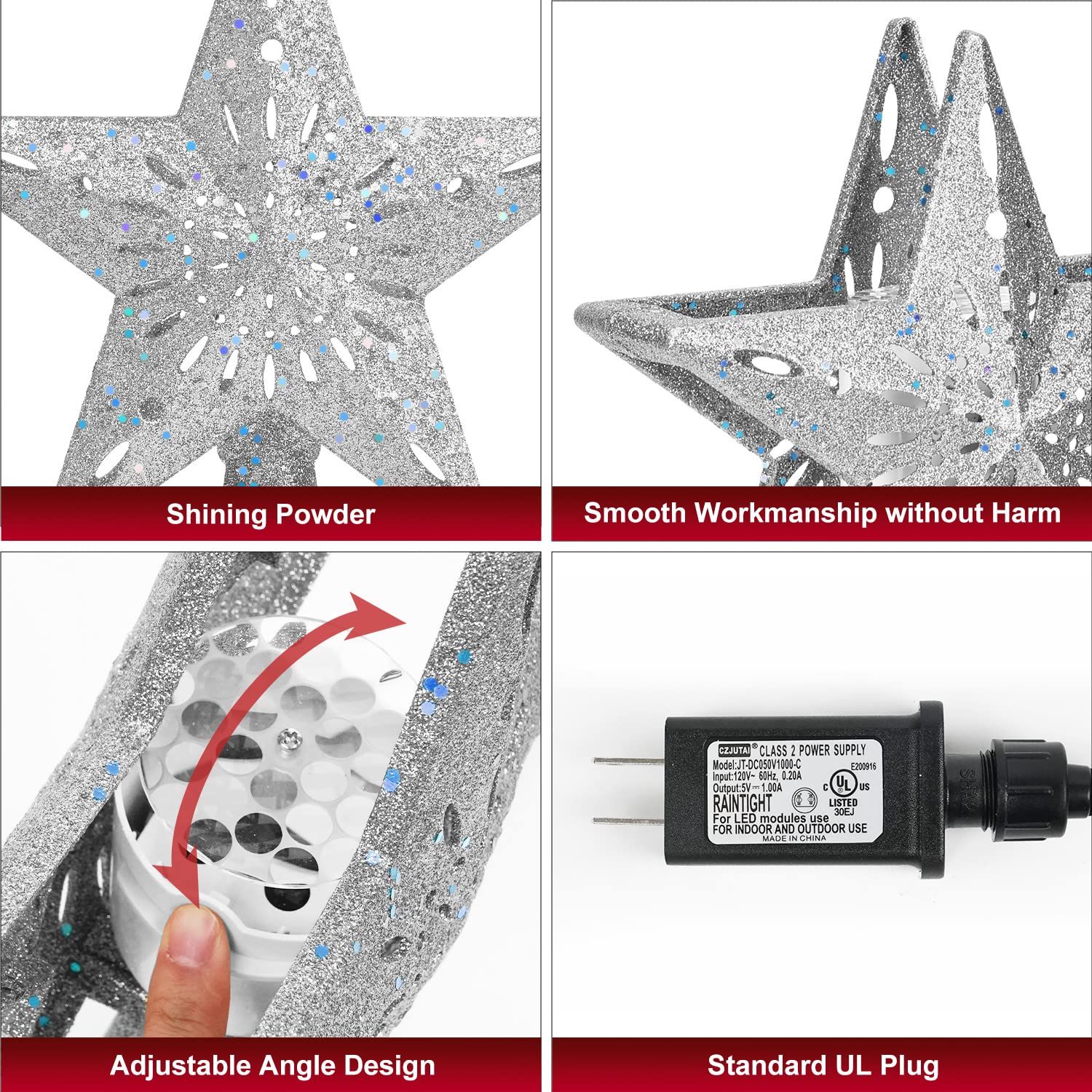Winpull Christmas Tree Topper Lighted with 6 Pattern Projection Modes, Christmas Star Tree Topper Built-in LED Rotating Lights, 3D Glitter Projector for Christmas Decorations (Silver)