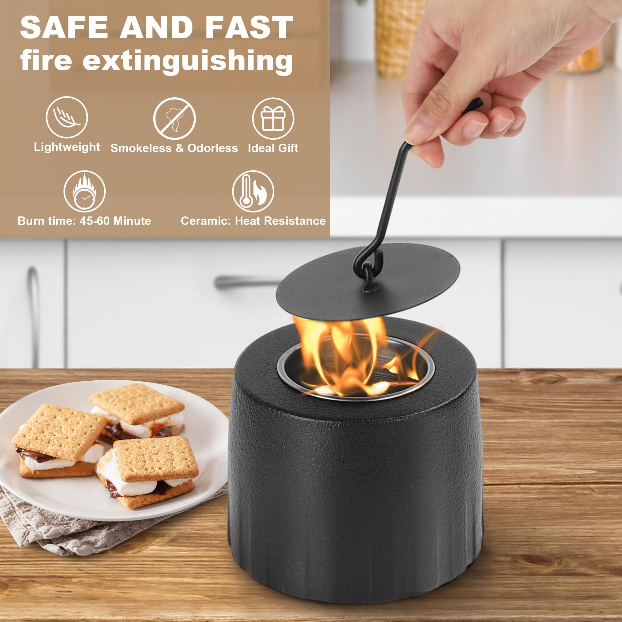 Table Top Fire Pit Bowl, Ceramic Fireplace with 4 Telescoping Roasting Sticks, Mini Portable Tabletop Firepit Smokeless Smores Maker, Indoor Outdoor Wedding Housewarming Birthday Gift