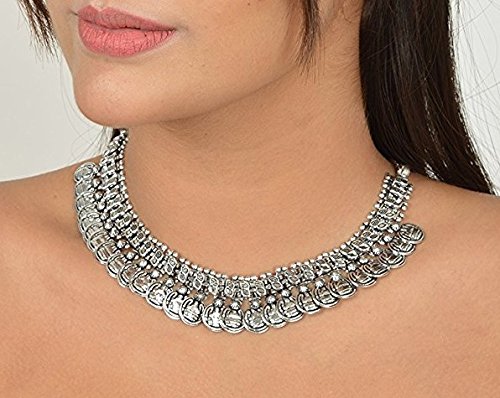 Sansar India Silver Tone Oxidised Metal Boho Bollywood Indian Choker Necklace Jewelry for Women (Silver)