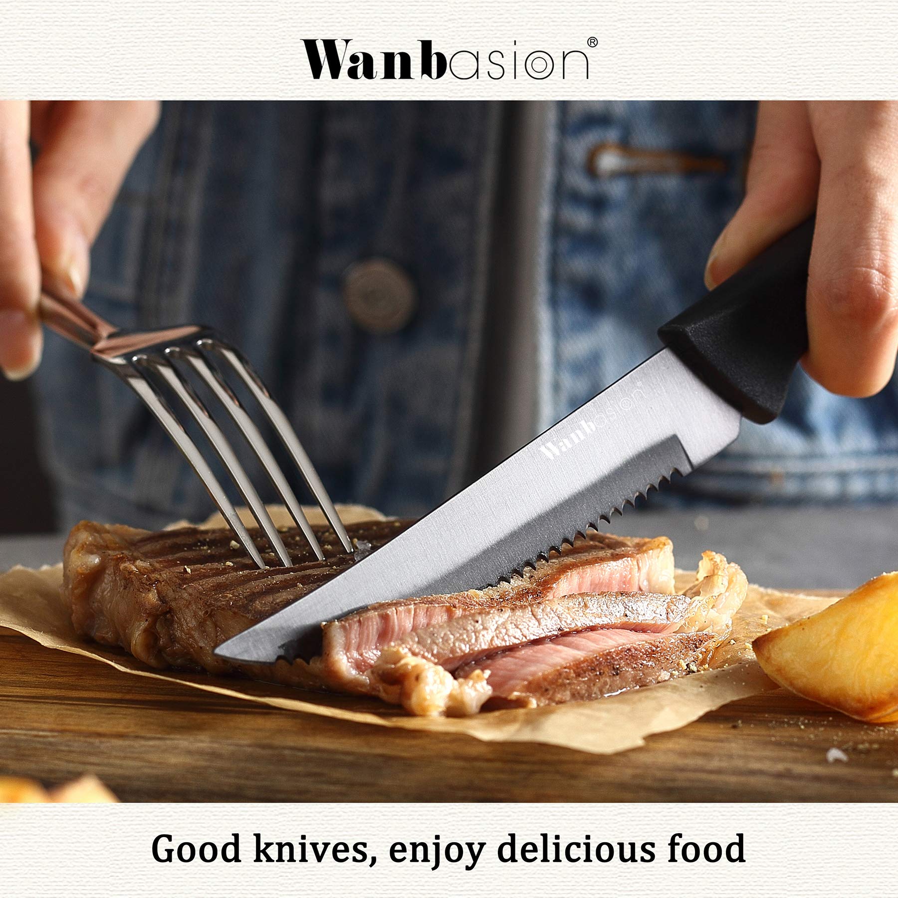 Wanbasion 8-Piece Steak Knife Set Dishwasher Safe, Steak Knife Set Stainless Steel, Kitchen Steak Knife Set Sharp - Scratch Resistant & Rust Proof