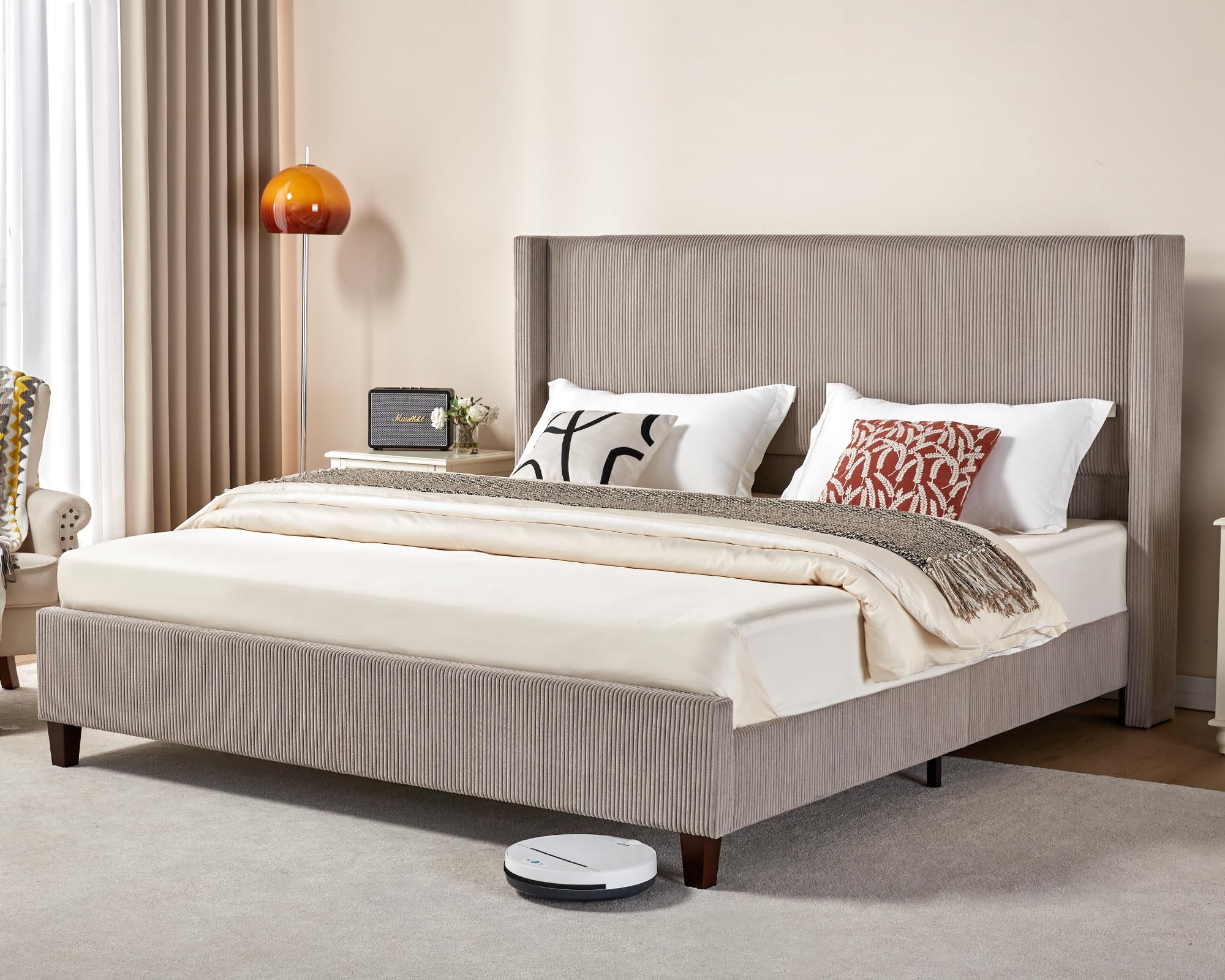 VanAcc Queen Size Platform Bed Frame, 50.8" Corduroy Upholstered Bed with Vertical Channel Tufted Headboard/Wooden Slats/Wingback/No Box Spring Required/Taupe