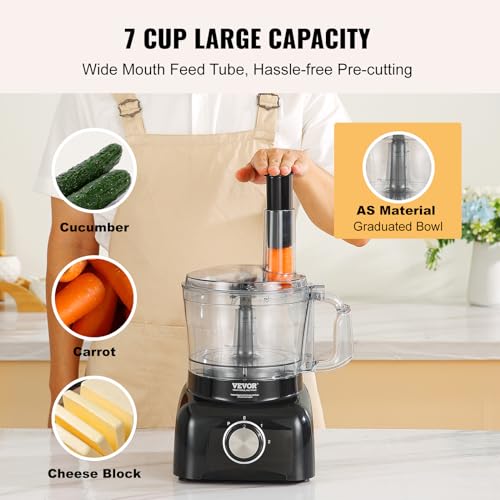 VEVOR Food Processor, 7 Cup Small Vegetable Chopper for Dough, Shredding, Slicing, Electric Meat Processors with 2 in1 Reversible SUS Disc, Large Feed Chute & Pusher, 2 Speed and Pulse for Home Use