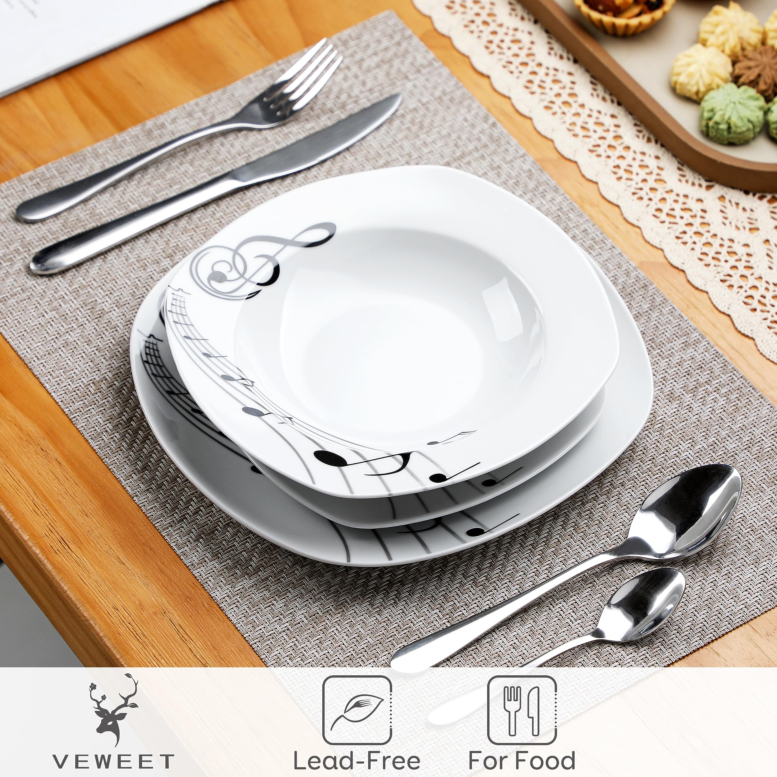 VEWEET Porcelain Dinnerware Sets, 36-Piece Square Musical Note Patterns Plate Sets with Dinner Plate, Soup Plate, Dessert Plate, Service for 12, MELODY Series