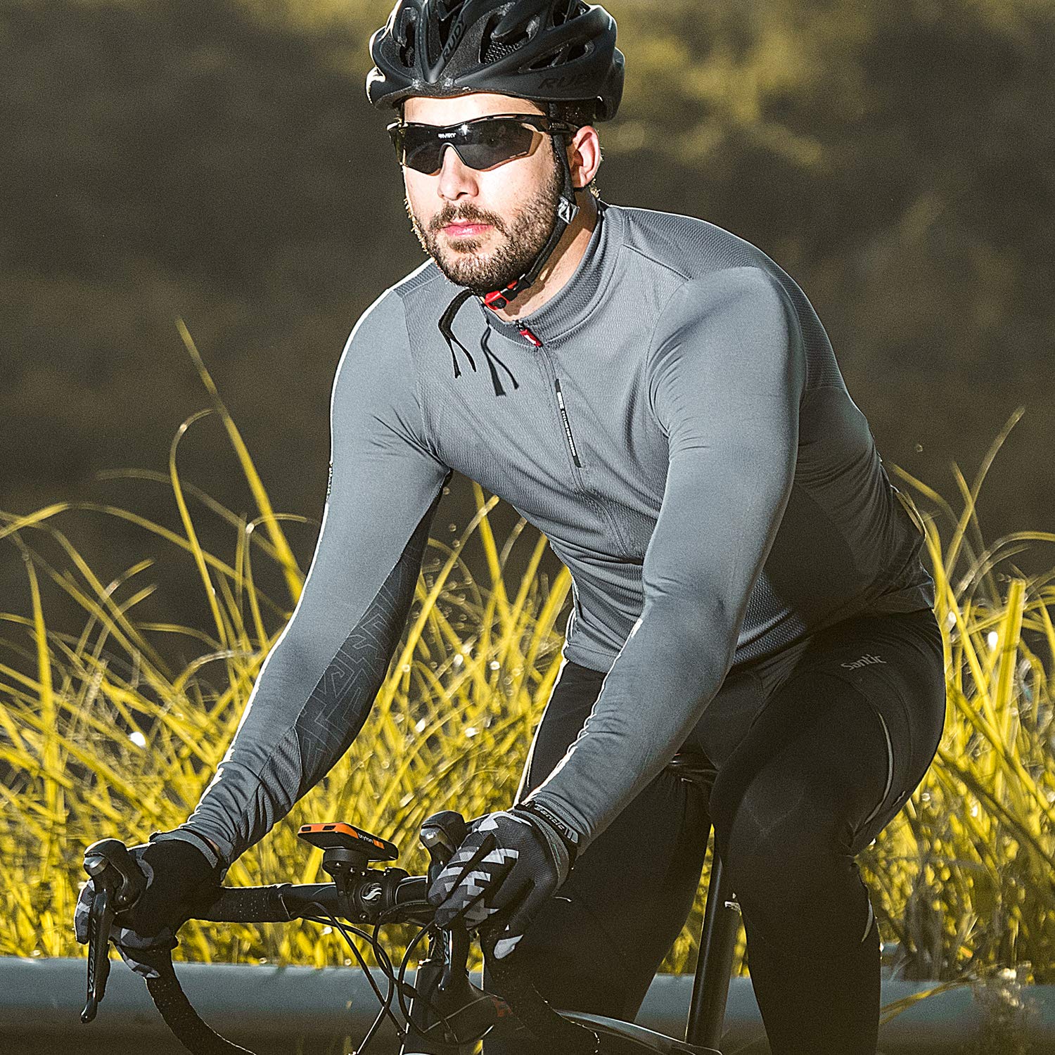 Santic Cycling Jersey Men's Long Sleeve Tops Mountain Bike Shirts Bicycle Jacket with Pockets Grey XL