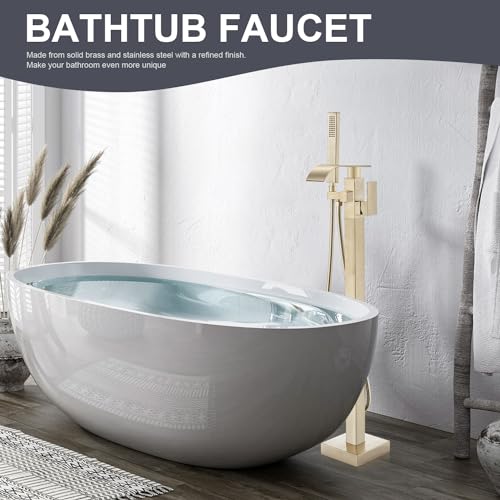 Senlesen Freestanding Bathtub Faucets Floor Mounted Tub Filler Faucet with Handshower Brushed Gold