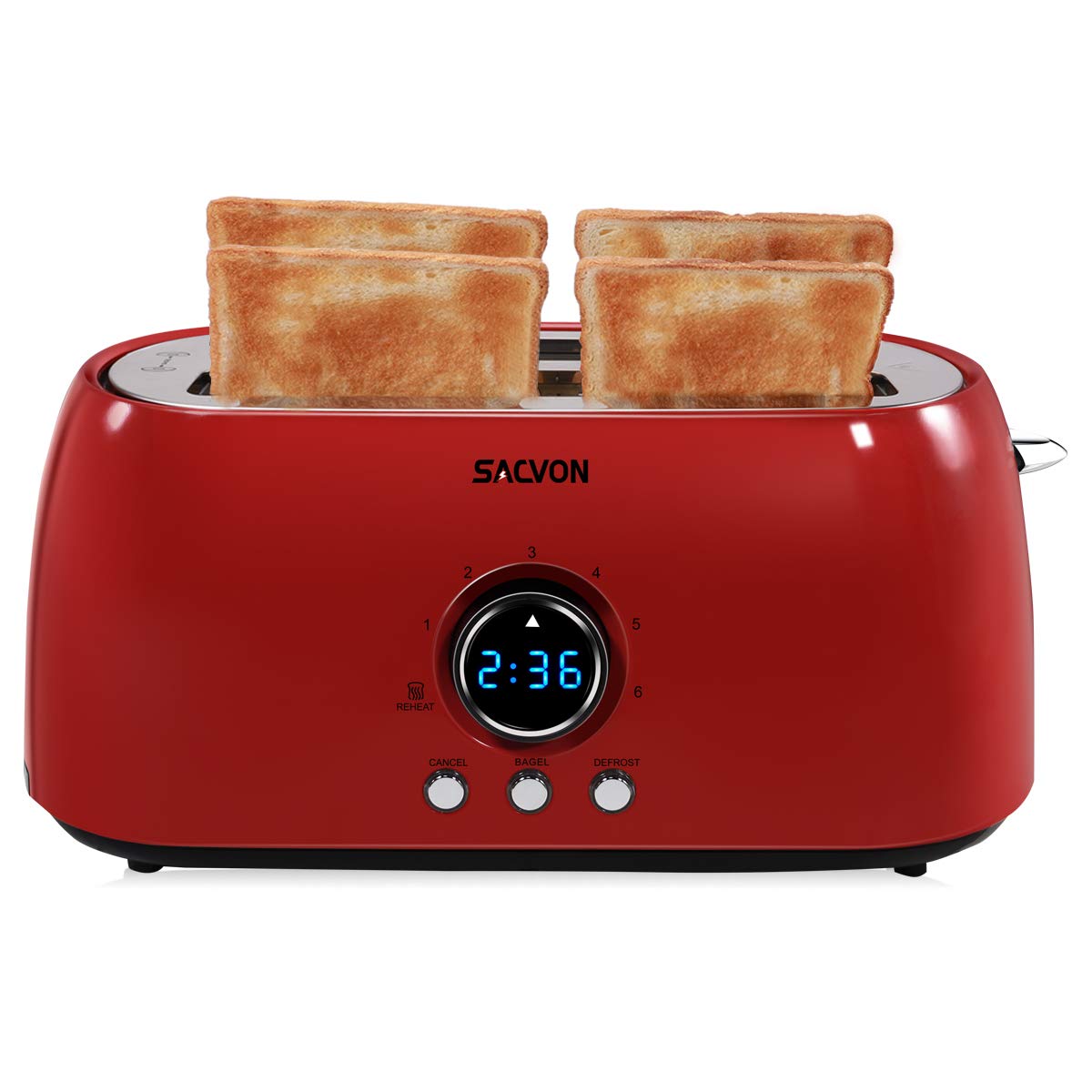 Toaster 4 Slice Long Slot, SACVON Stainless Steel Retro Toasters with Big Timer, Removable Crumbs Tray, Red (Red)