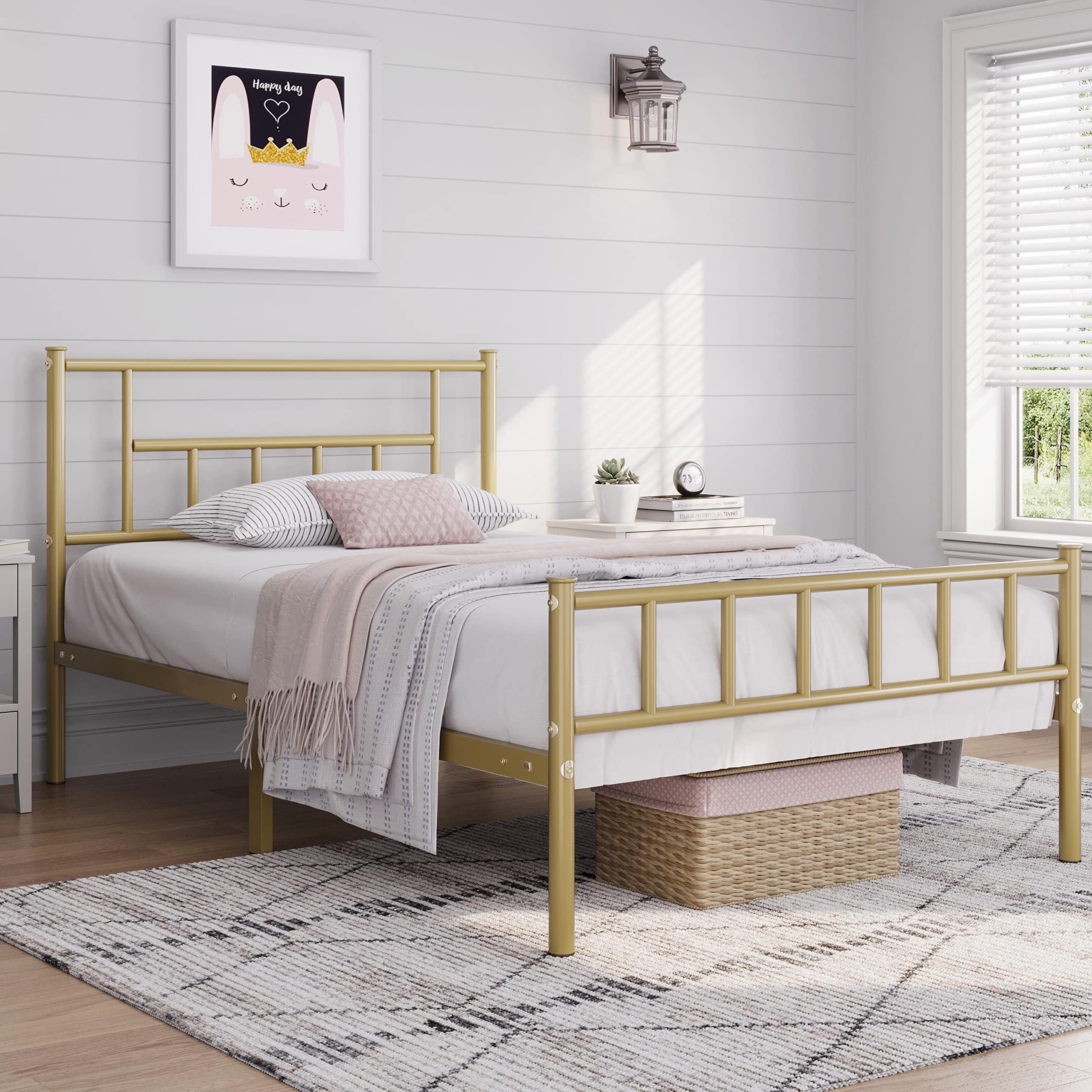 Yaheetech 13 inch King Size Metal Bed Frame with Headboard and Footboard Platform Bed Frame with Storage No Box Spring Needed Mattress Foundation Antique Gold