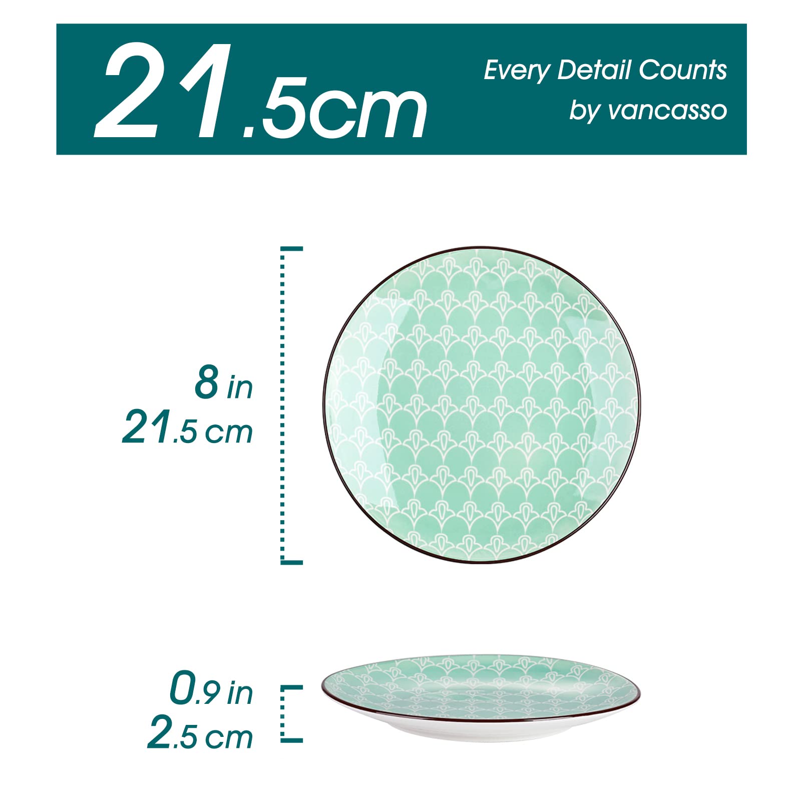 vancasso Tulip Porcelain Dessert Plate - Multicolour Patterned Japanese Style Dinner Service Moroccan Crockery Side Plate Set of 4, 8.5 inch Snack/Salad/Fruit Plate. (21.5 * 21.5 * 2.5cm)